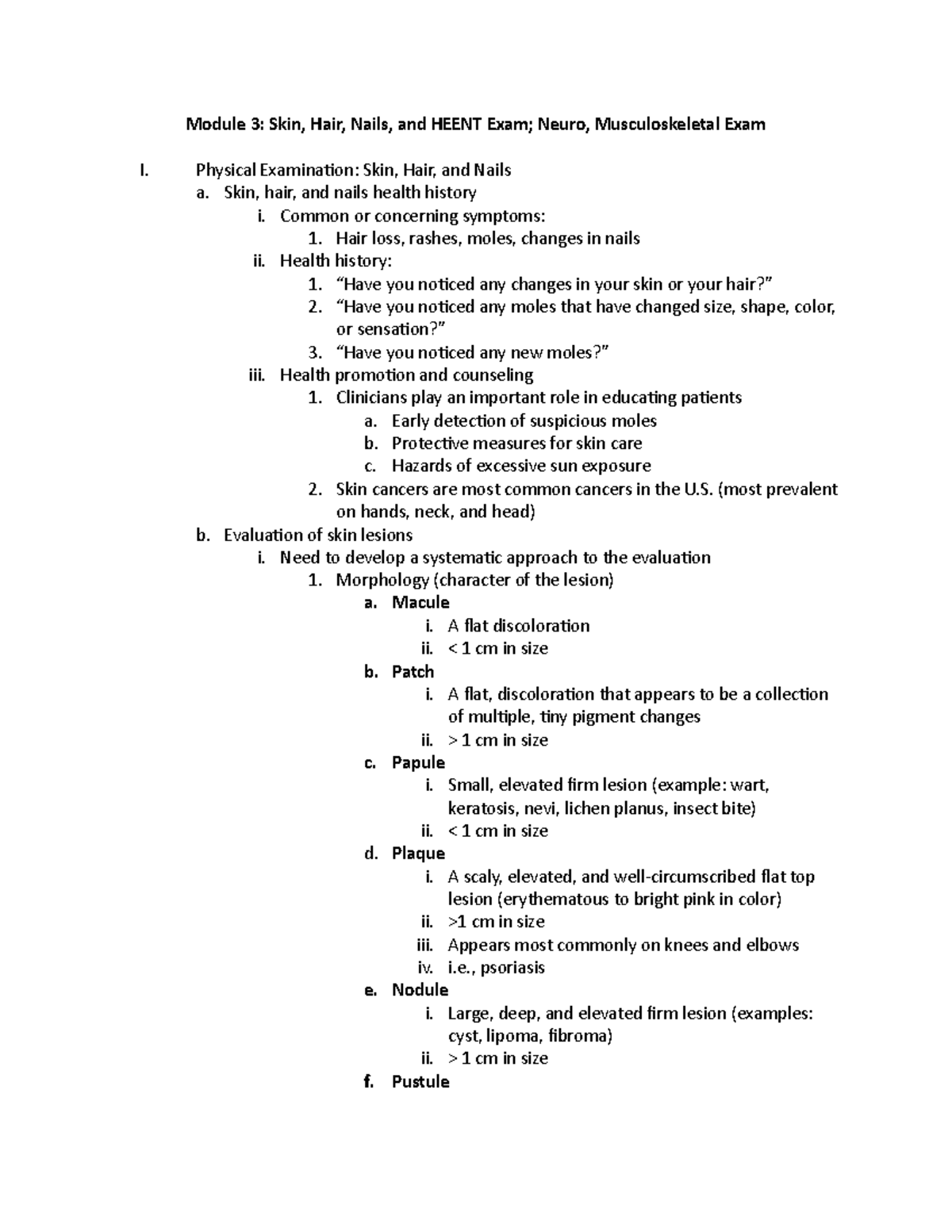 Module 3: Comprehensive Skin, HEENT, Neuro & MSK Exam Lectures - Studocu