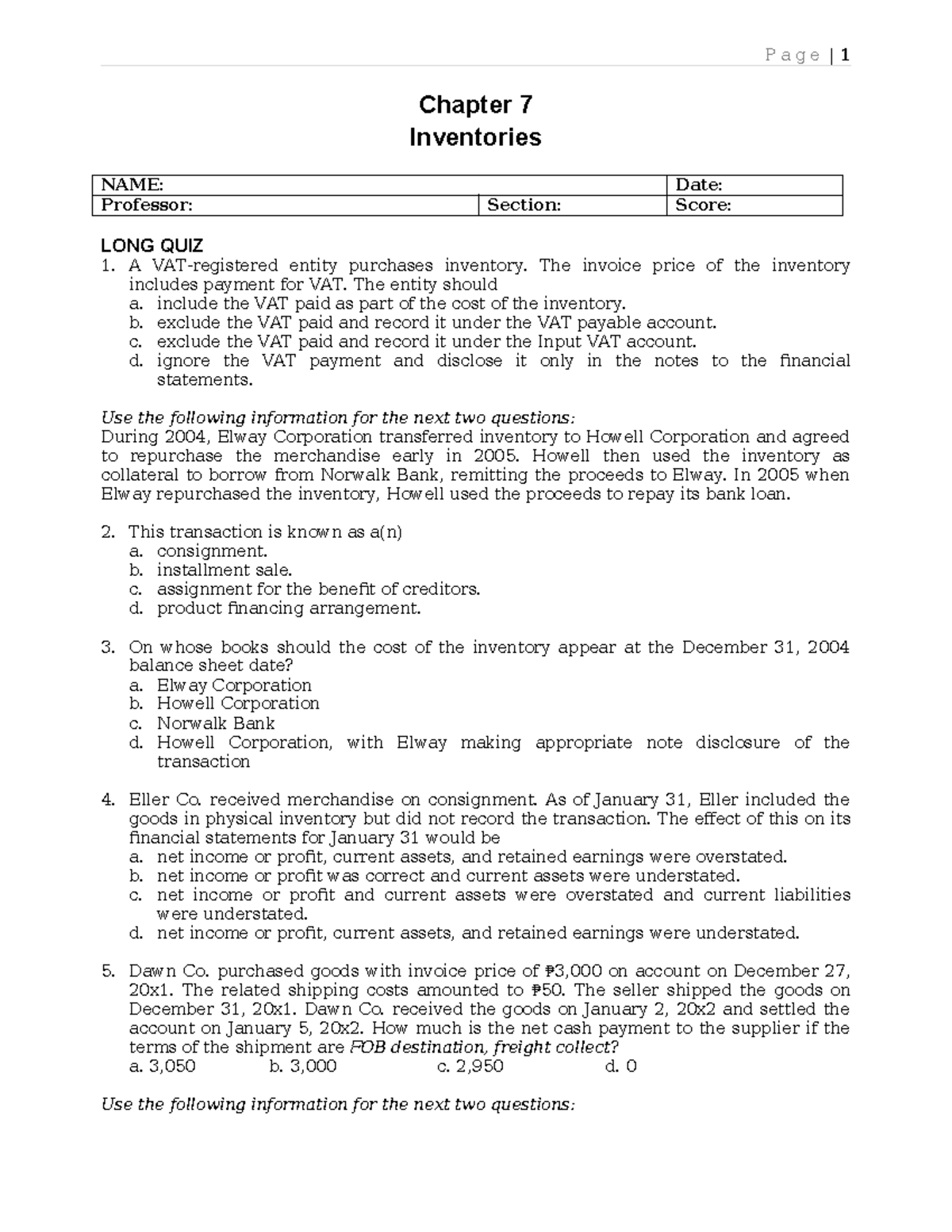QUIZ Chapter 7: Understanding Inventories IA 1 2020 Edition - Studocu