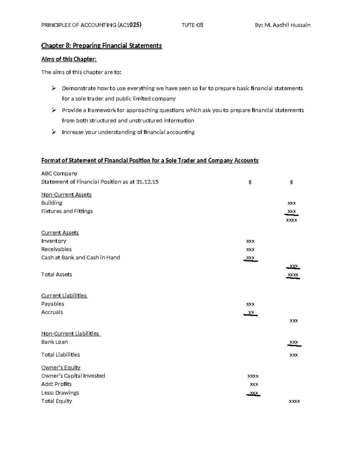 AC1025 - Principles of Accounting: Chapter 8 Financial Statements - Studocu