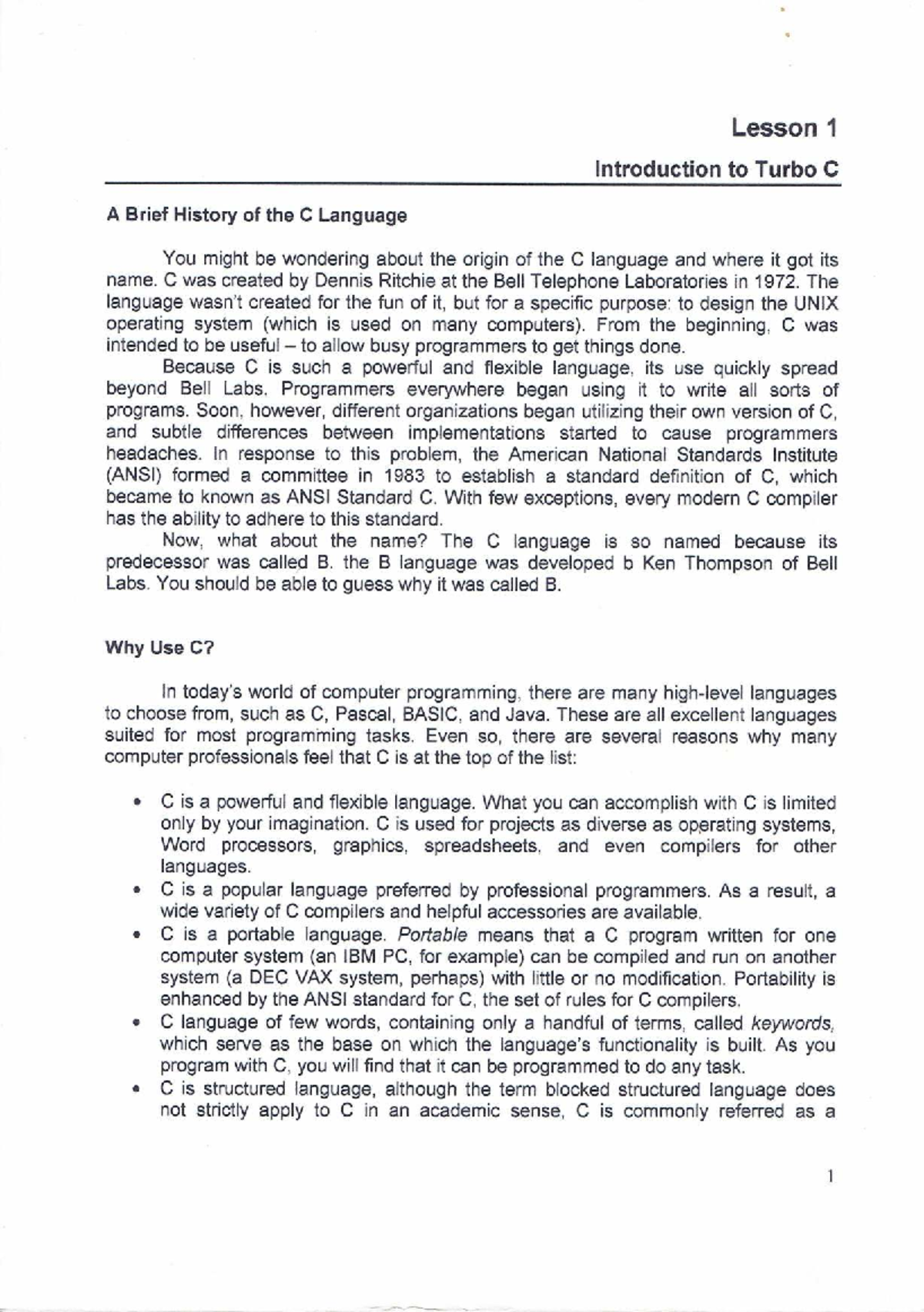 ICC 0102 Lesson 1: Introduction to Turbo C and C Language History - Studocu