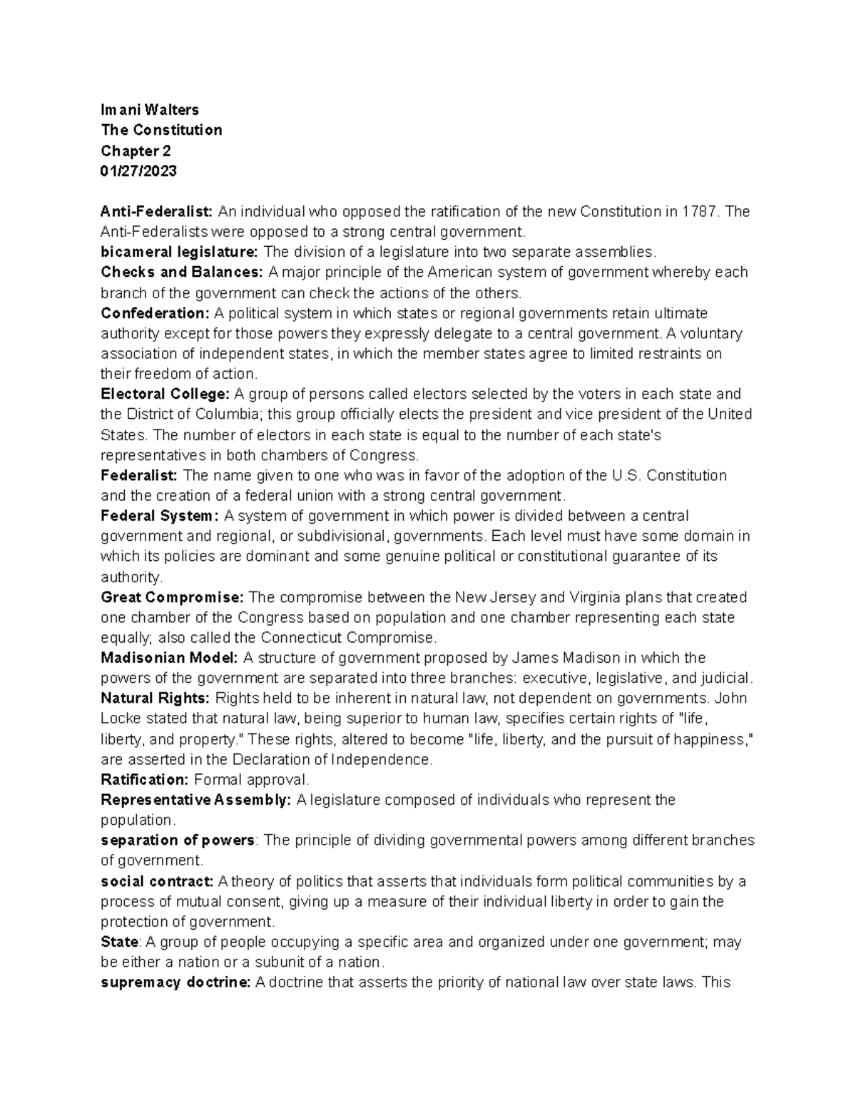Key Terms for Chapter 2 - The Constitution (POSC 101) - Studocu