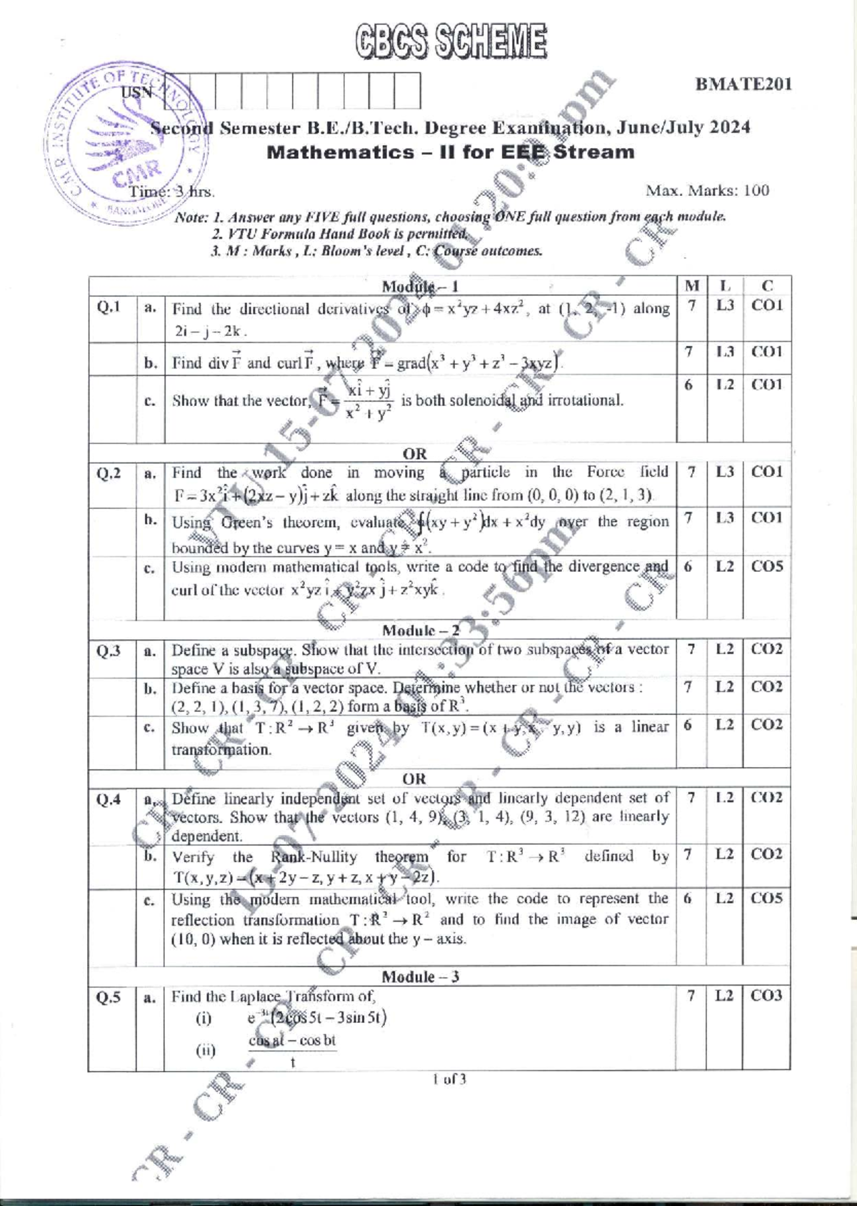 Mathematics II (BMATE201) Second Semester Exam Paper - 2024 - Studocu