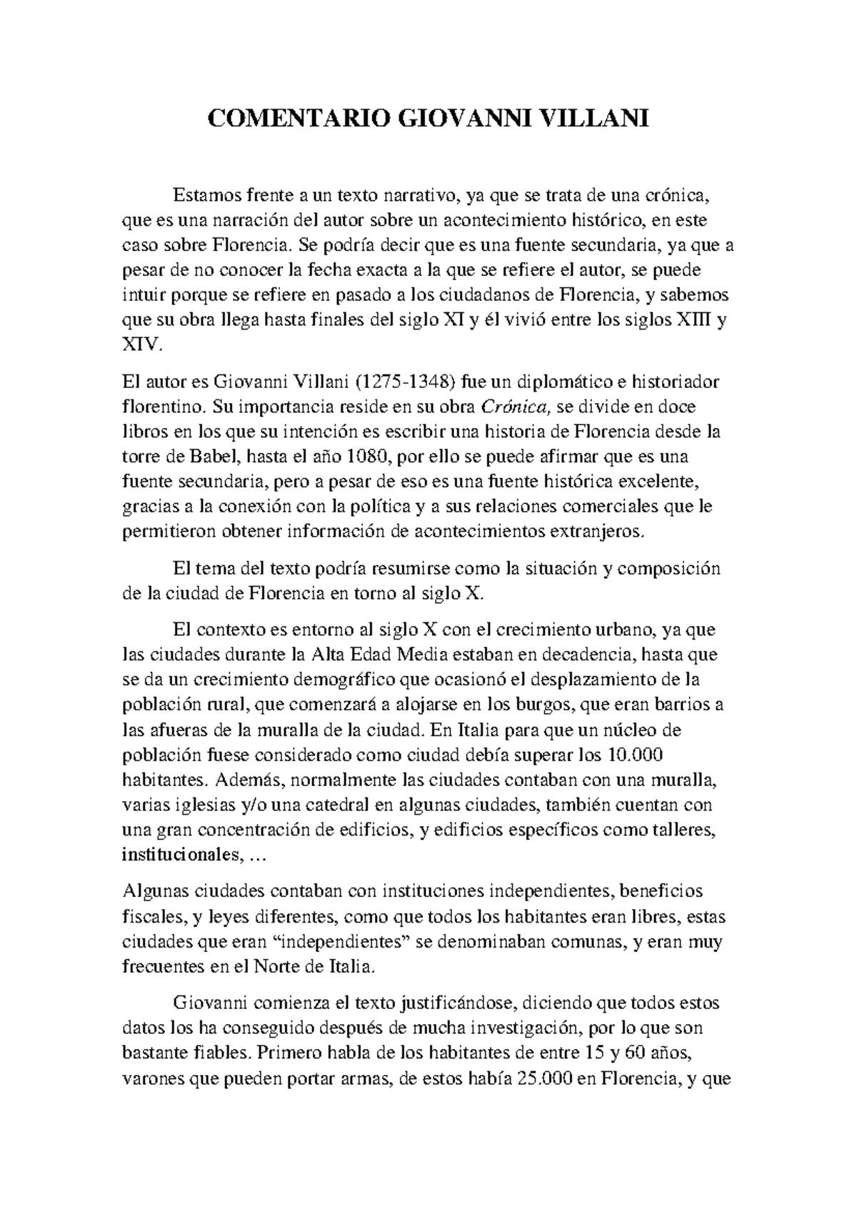 Comentario sobre Giovanni Villani en la Edad Media - Studocu