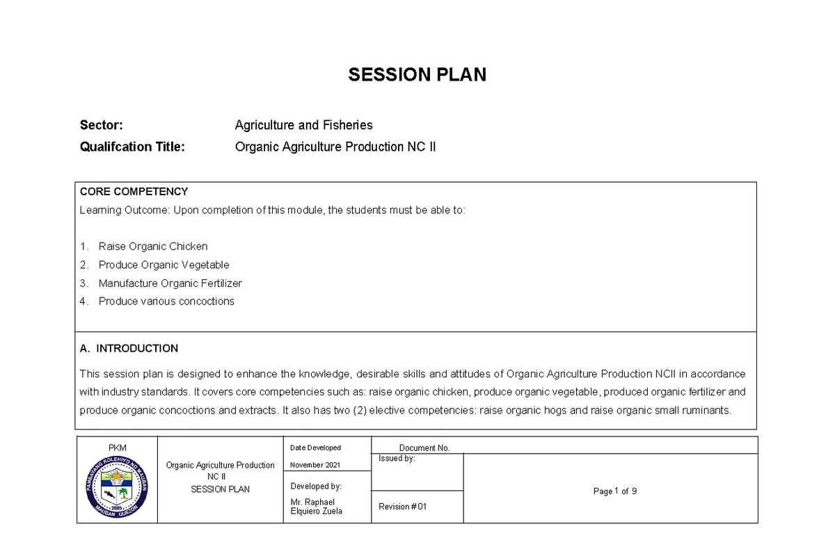Session PLAN OAP NCII - guides for TM - SESSION PLAN Sector : Agri-Fishery Sector Qualification ...