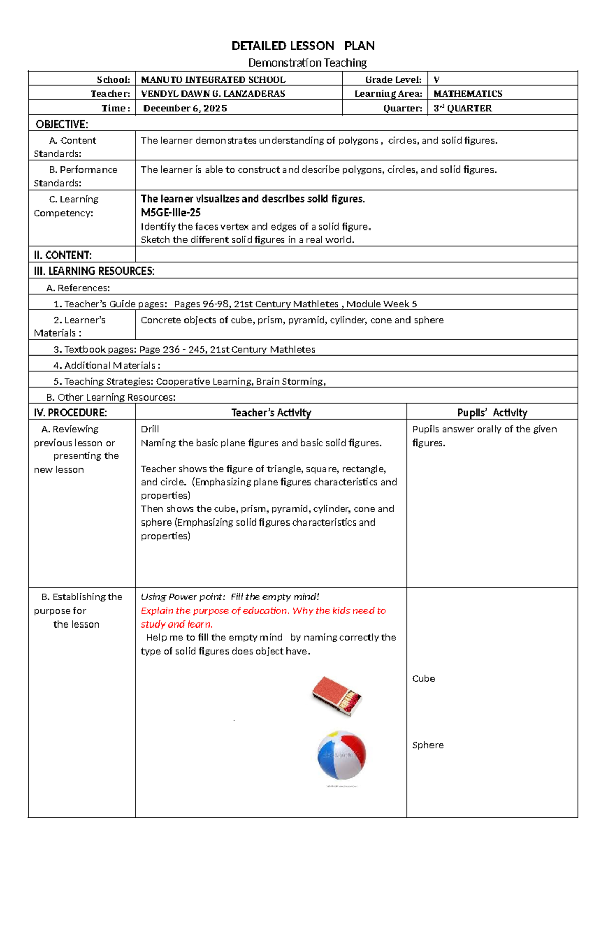 Detailed Lesson Plan: Solid Figures in Grade V Mathematics (3rd Quarter ...