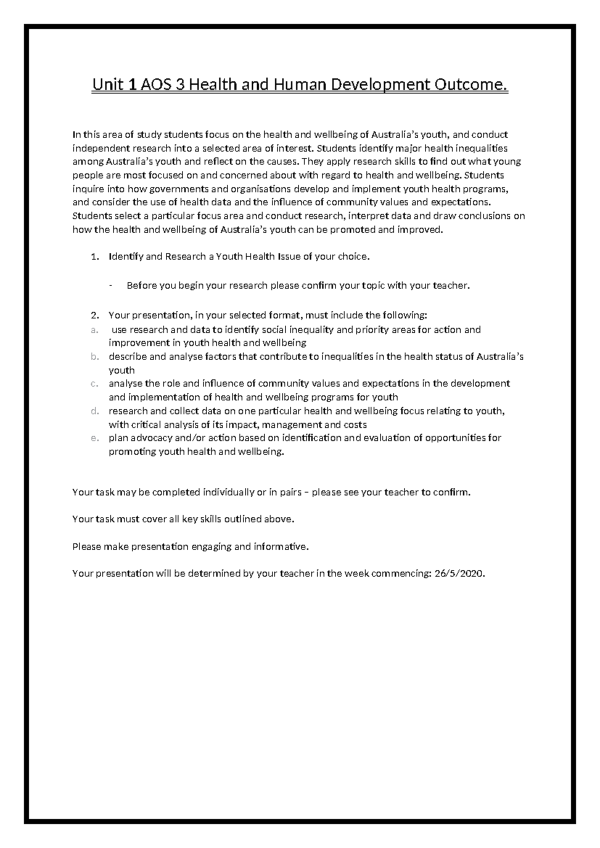 Unit 1 AOS 3 Health & Human Development: Youth Health Issues Study ...