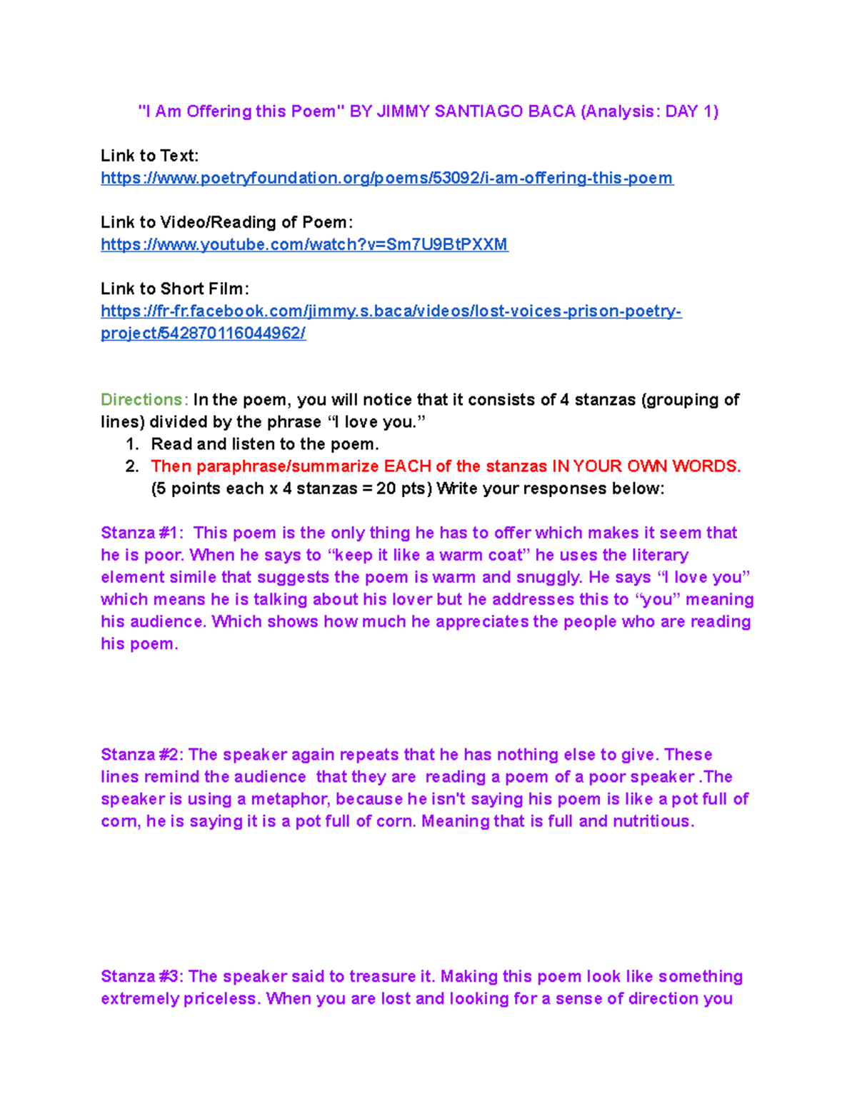 Analysis of "I Am Offering this Poem" by J. S. Baca (Day 1) - Studocu