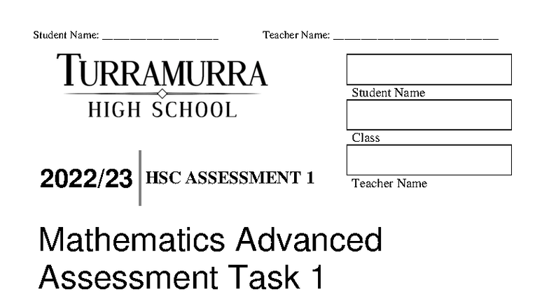 2022-23 HSC Mathematics Advanced Assessment Task 1 - Studocu