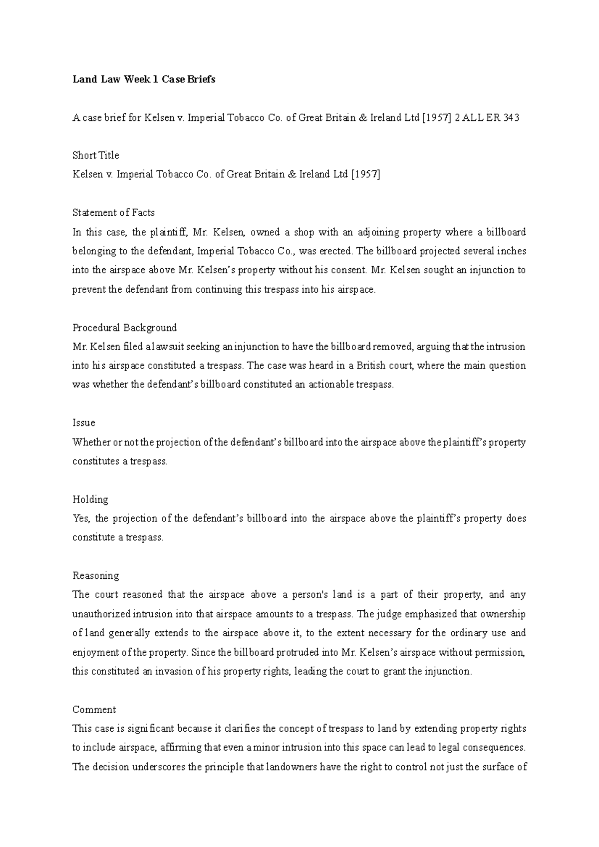 LAND LAW - Week 1 Case Briefs and Legal Principles Overview - Studocu