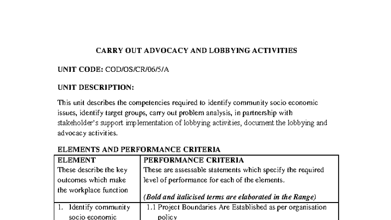 Advocacy and Lobbying Activities: Unit Code and Competencies Guide ...
