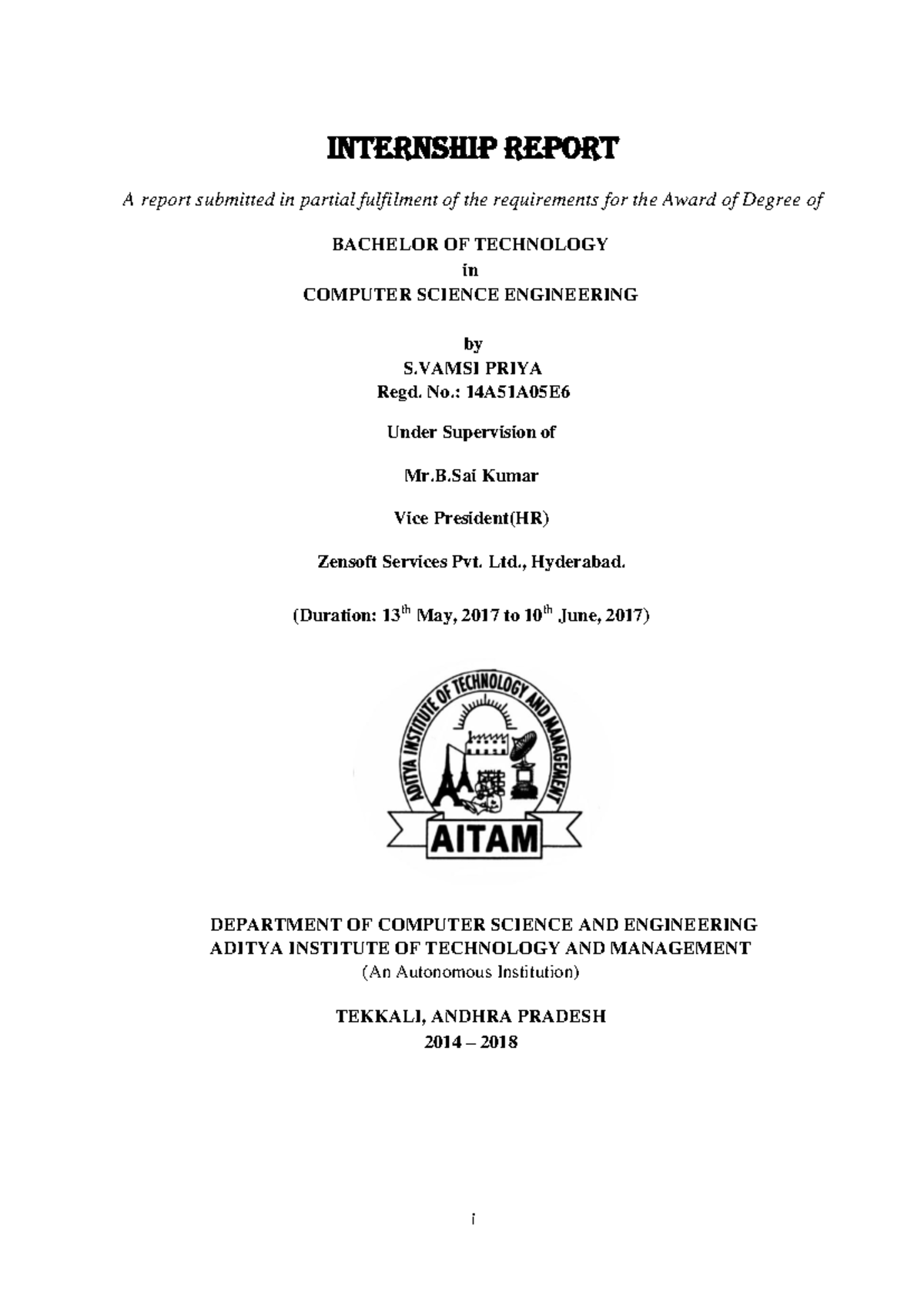 Internship Report sample - Computer Science - Studocu