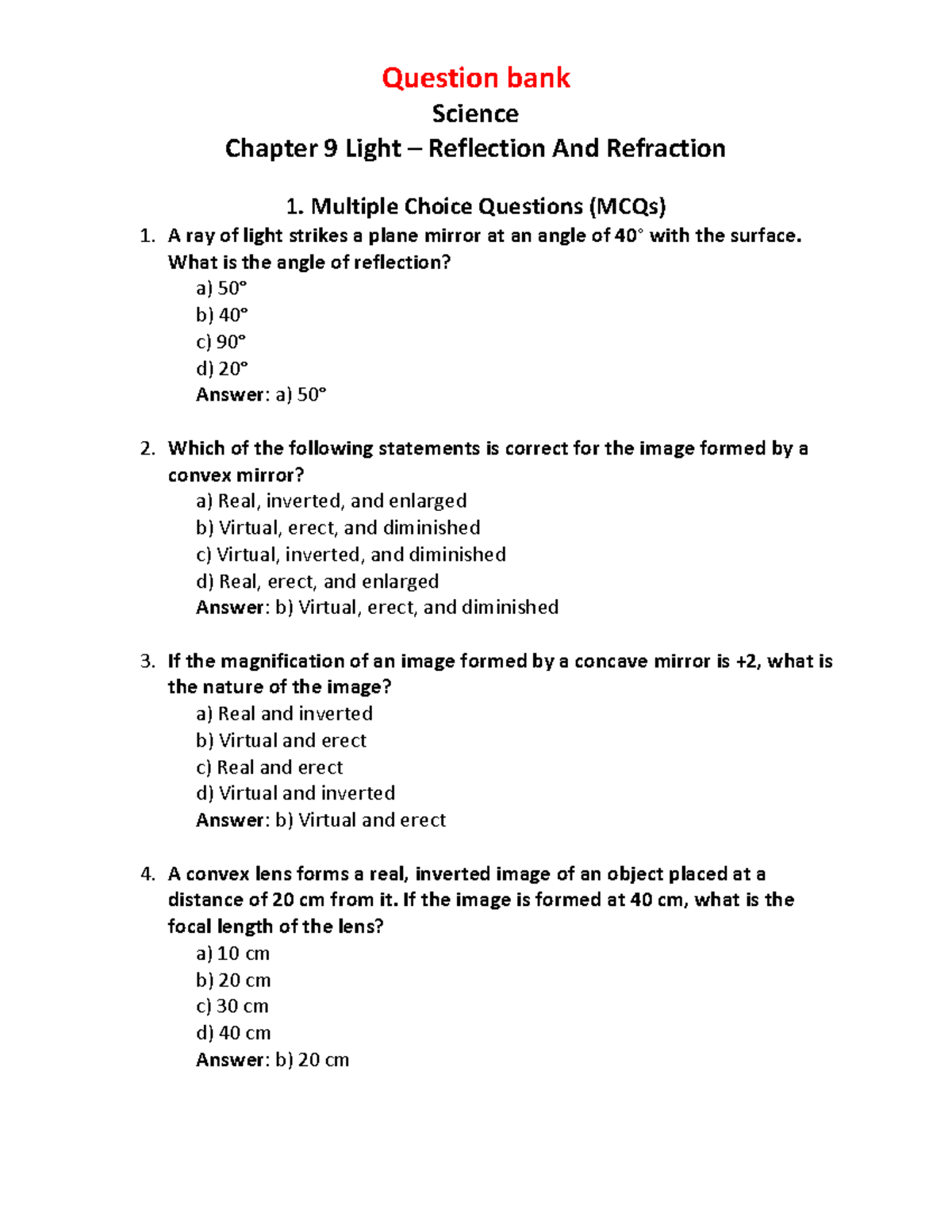 Class 10th Science Question Bank Chapter 9 Light – Reflection And ...
