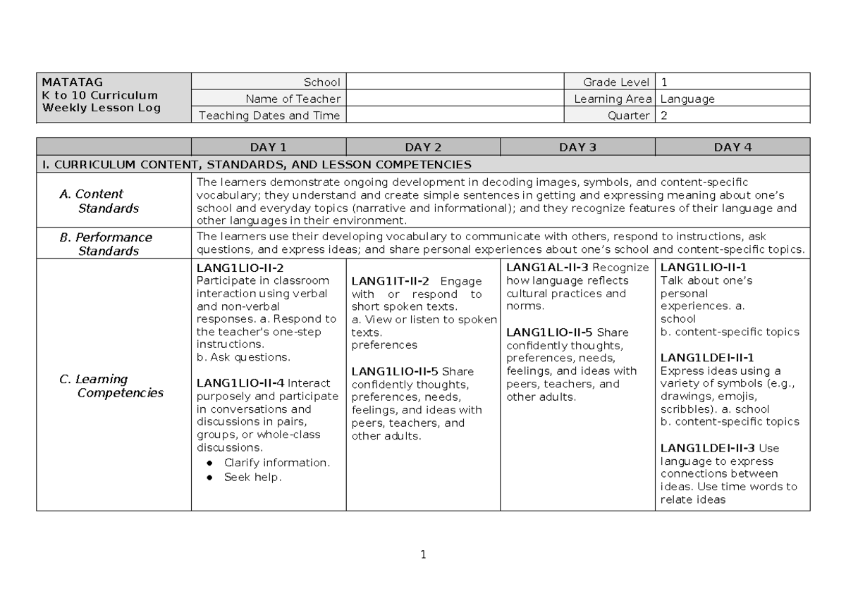 Language DLL WEEK 6 - Lesson Plan for Grade 1 Learning Area - Studocu