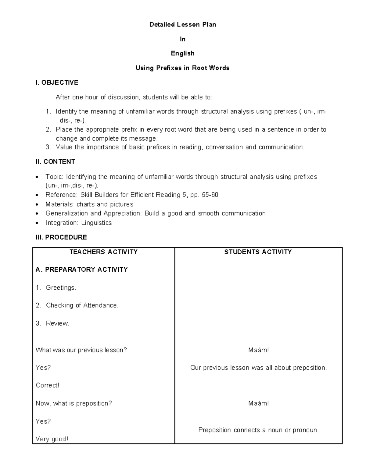 Detailed Lesson Plan: Using Prefixes in Root Words (ENG 101) - Studocu