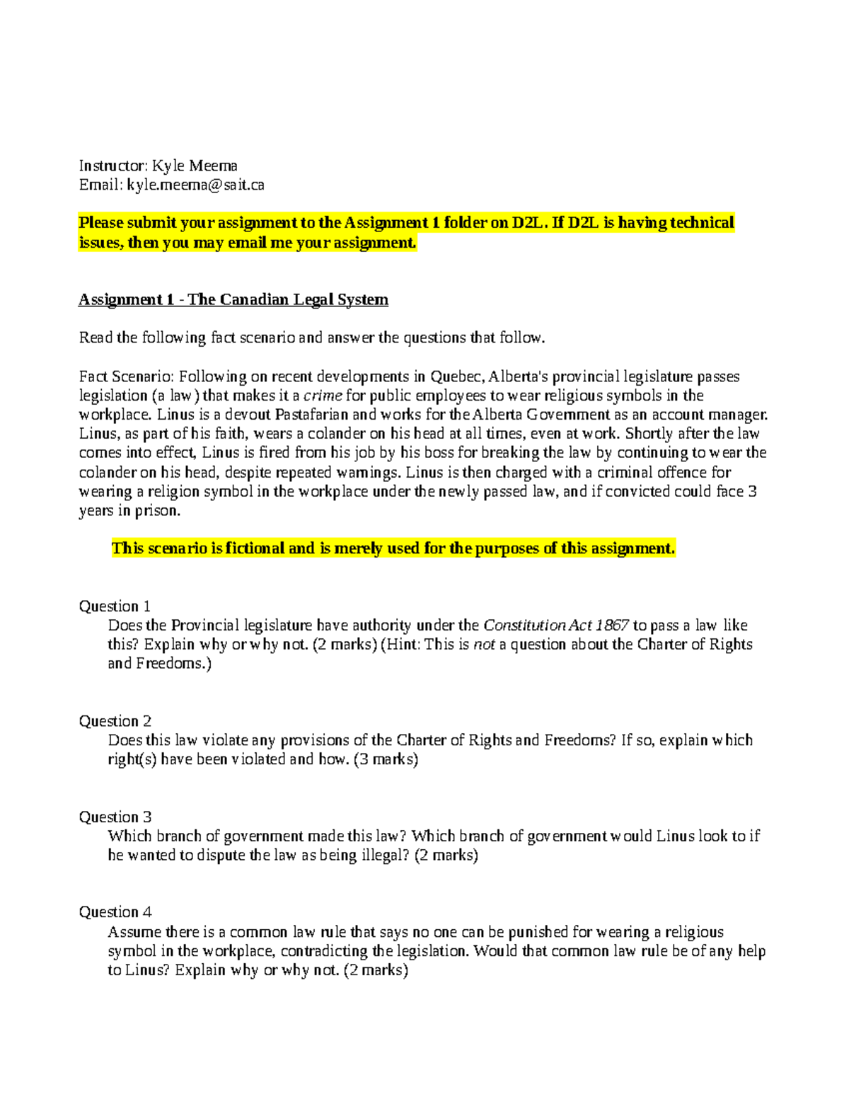 Assignment 1: The Canadian Legal System - Legal Analysis of Religious ...