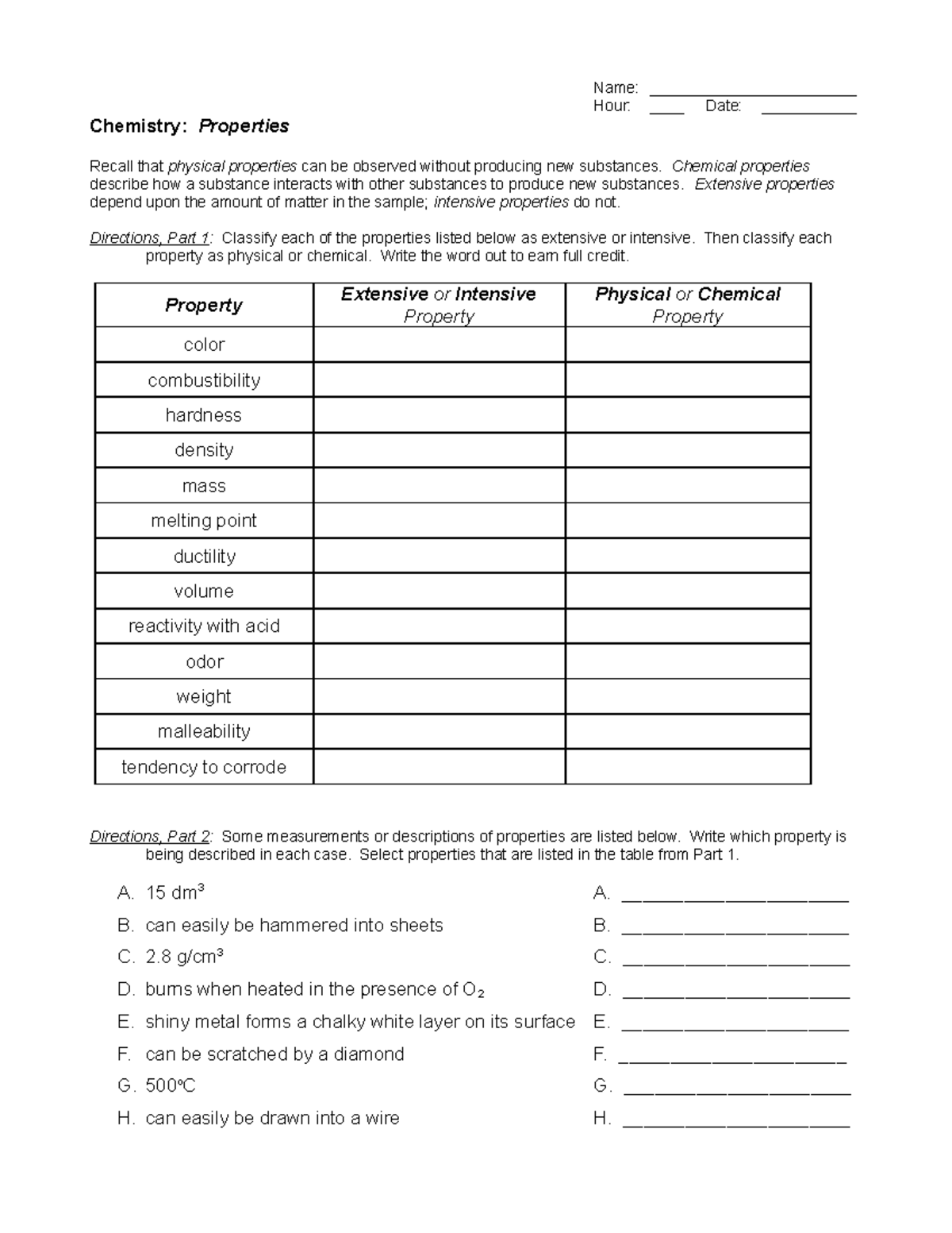 1. Extensive Intensive Physical Chemical worksheet key - Name ...
