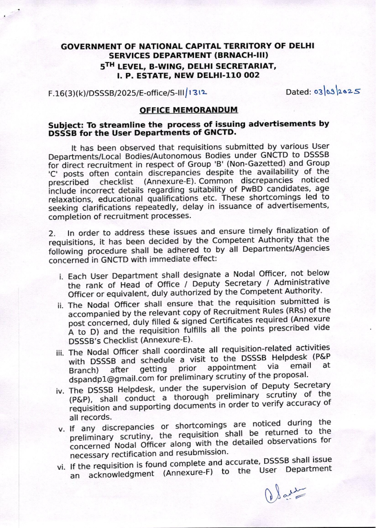 GNCTD Recruitment Process Streamlining - Office Memorandum - Studocu