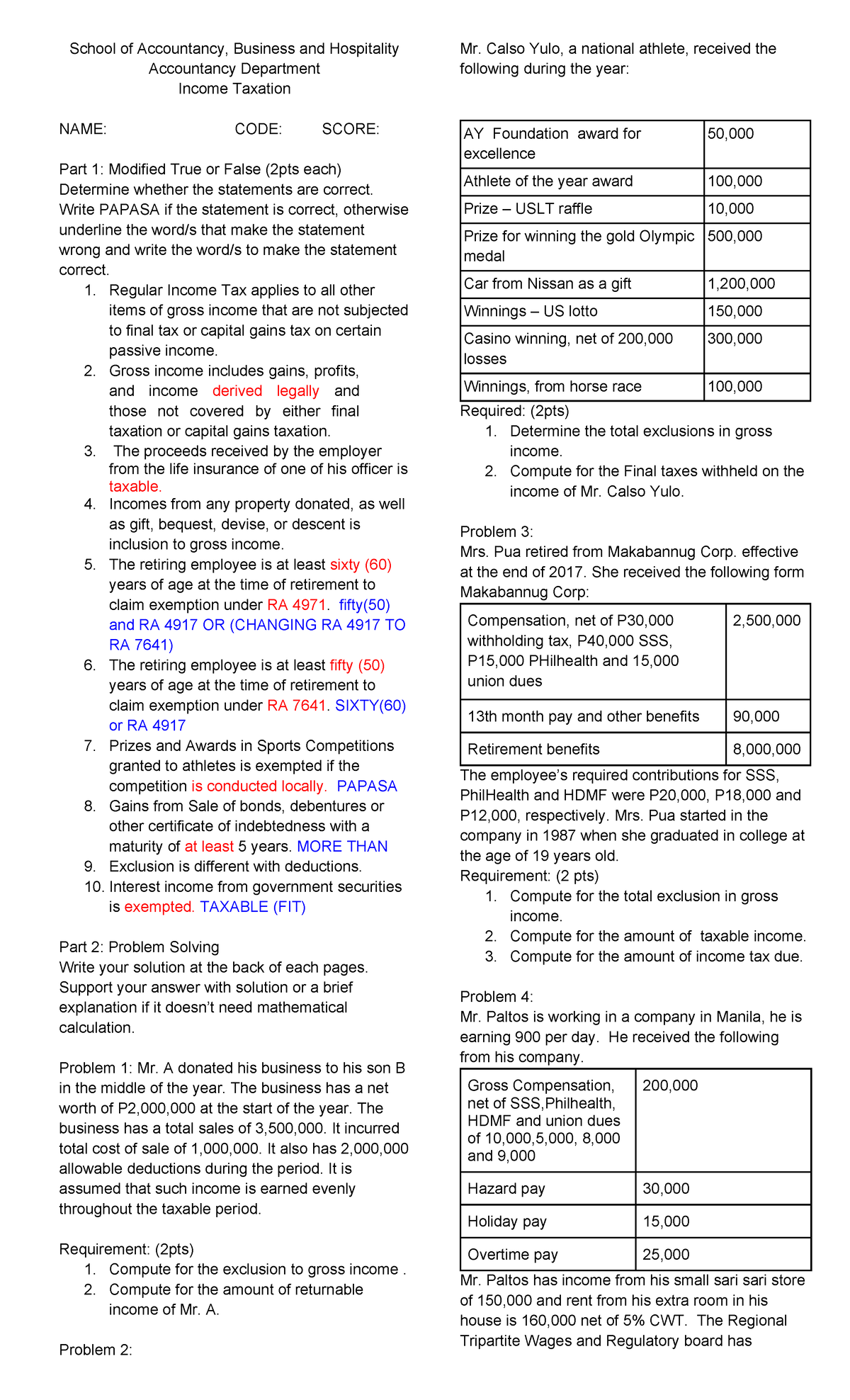 Quiz: Income Taxation (ACC 101) - True/False & Problem Solving - Studocu