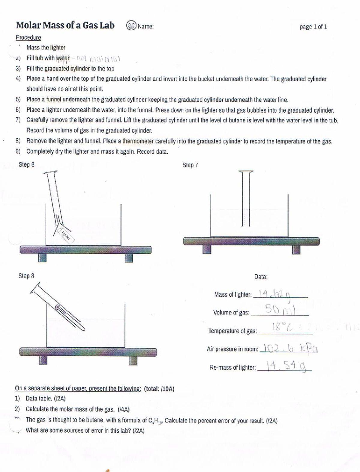 Gas Collection Lab: Molar Mass of Butane (C₄H₁₀) Analysis - Studocu