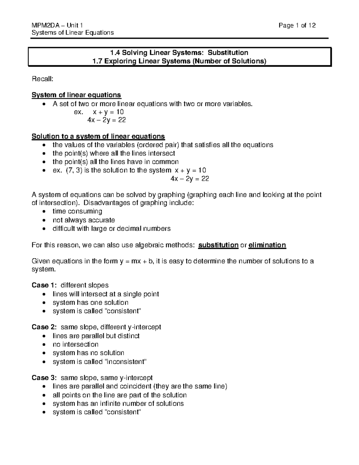 Unit 1 Notes - bbbbbbbbbbbbb - Systems of Linear Equations 1 Solving ...