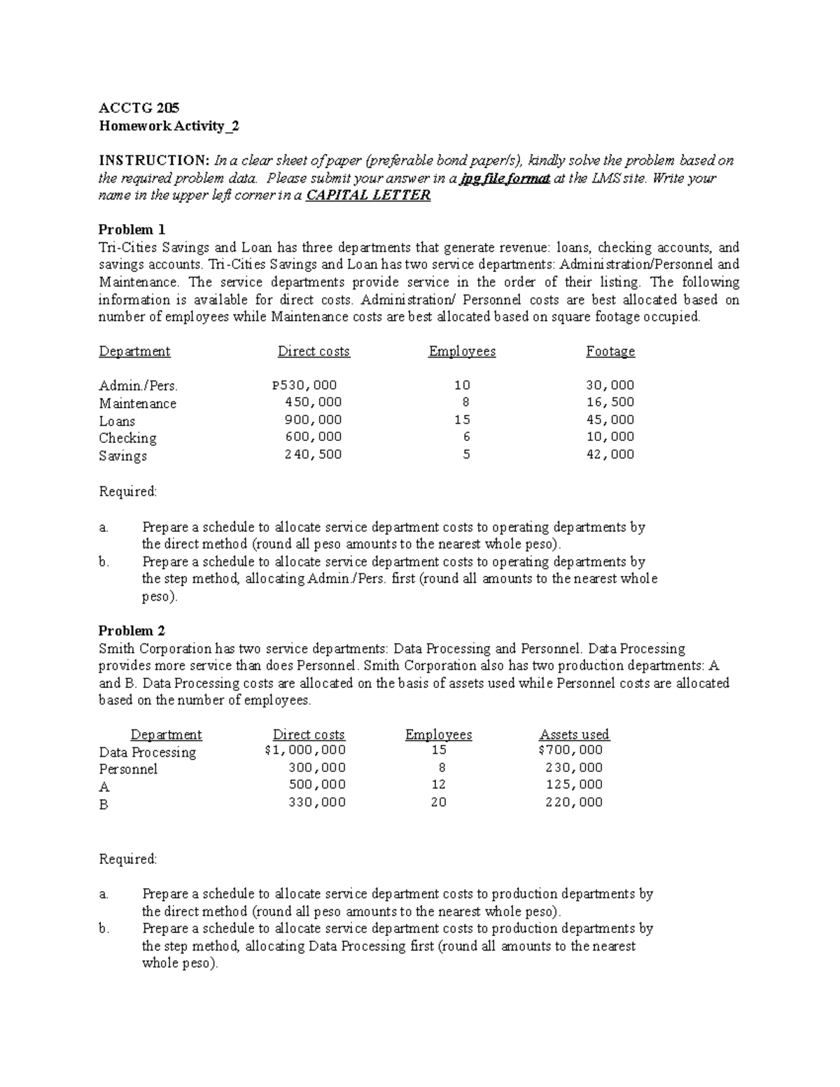 ACCTG 205 - Homework Activity 2: Service Department Cost Allocation ...