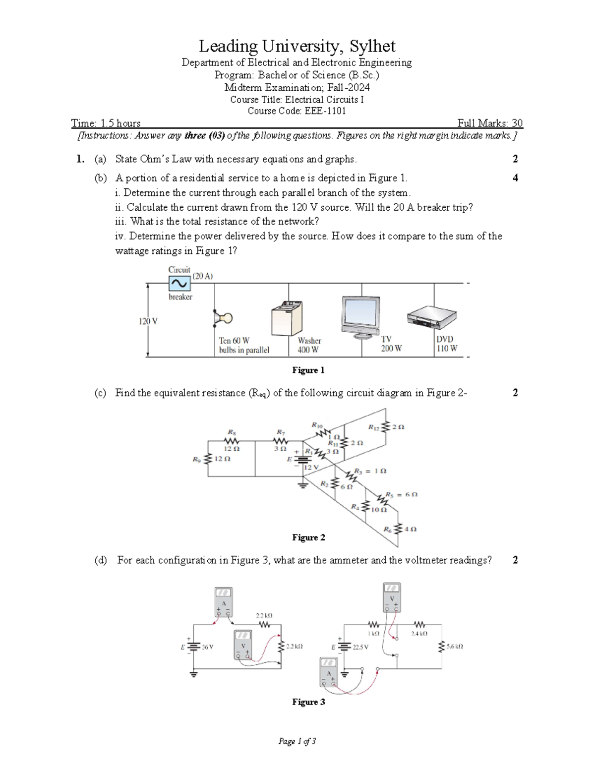 Midterm Examination Questions for Electrical Circuits I EEE 1101 Fall ...