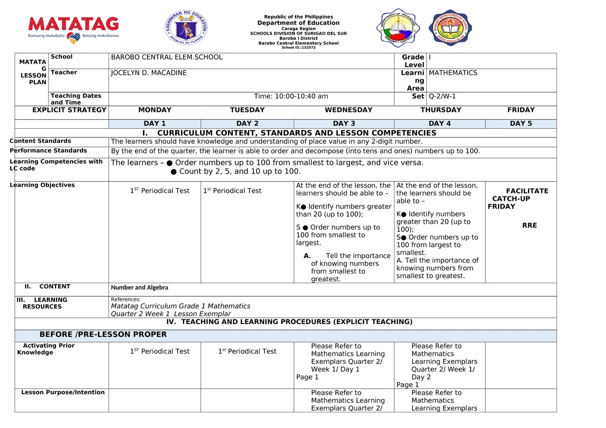 1ST CO Matatag Lesson Plan: Reading & Literacy Q1, Grade 1 - Studocu