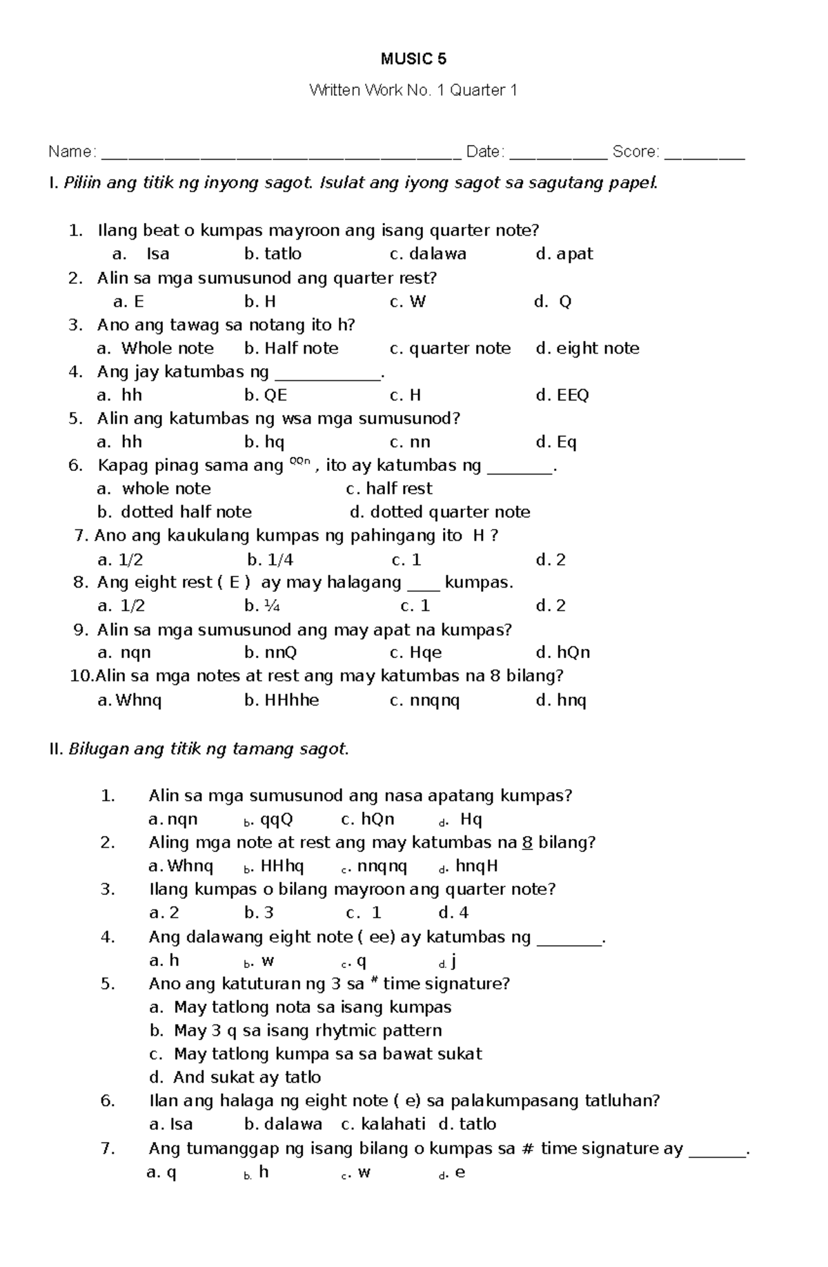 Grade 5 Music Summative Test: Modules 1-3 (Quarter 1) - Studocu