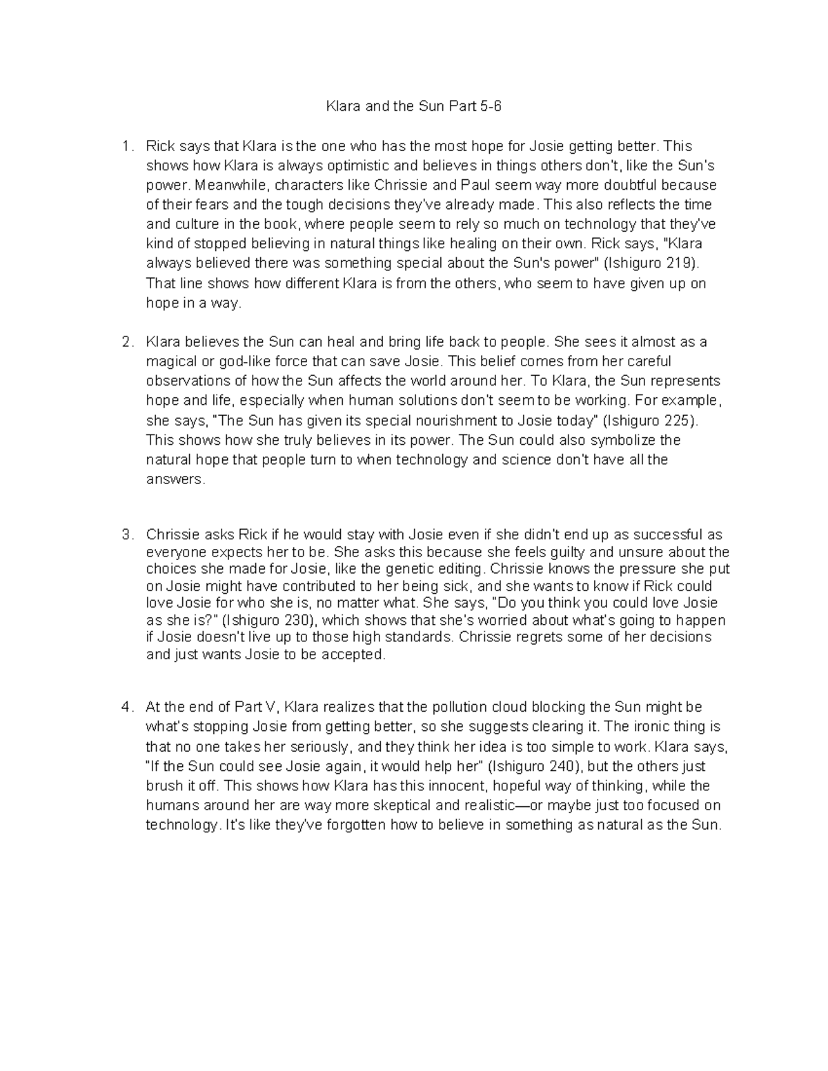 Klara and the Sun Essay Notes: Analysis of Parts 5-6 - Studocu