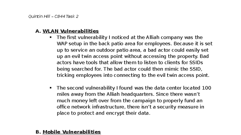 C844 Task 2 - WLAN and Mobile Vulnerabilities Analysis and Mitigation - Studocu