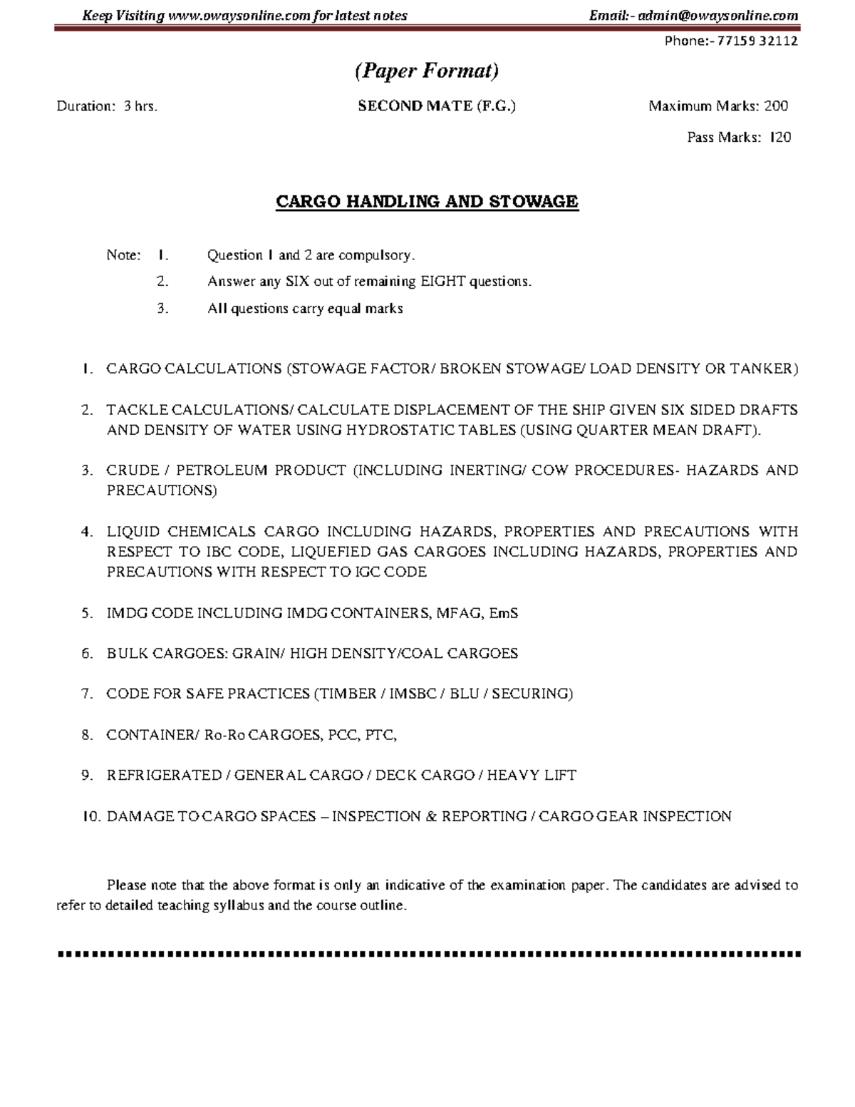 Cargo Handling and Stowage - 2nd Mate MMD Past Exam Papers (77159 32112 ...