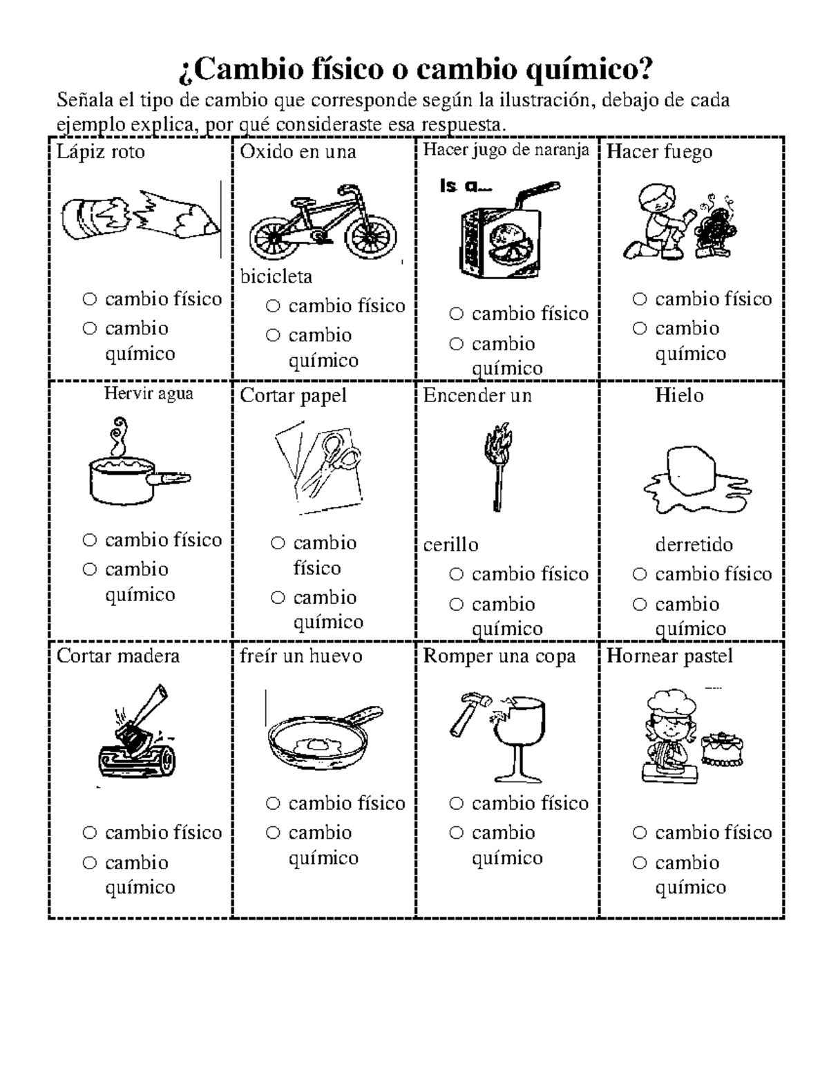 Hoja De Trabajo Sobre Cambios Físicos O Químicos