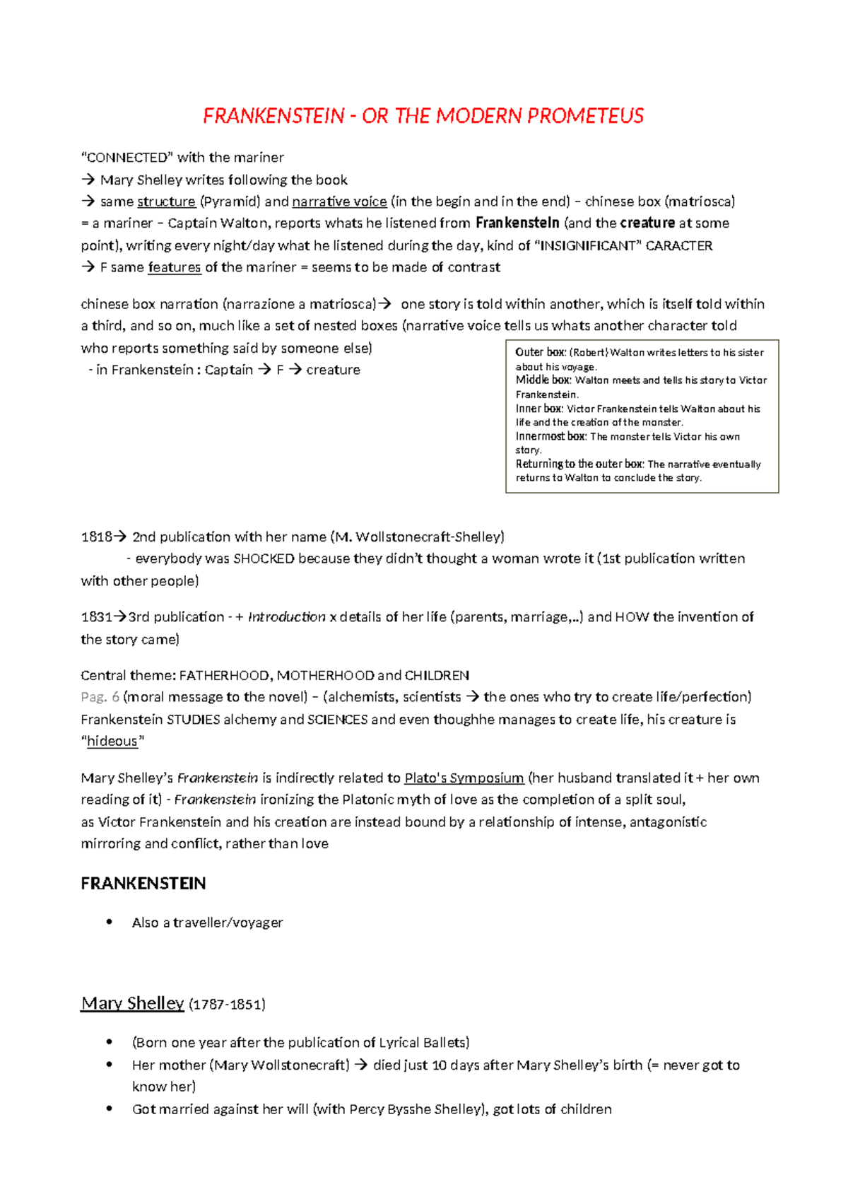 FRANKENSTEIN: A Study of Narrative Structure and Themes in Mary Shelley ...