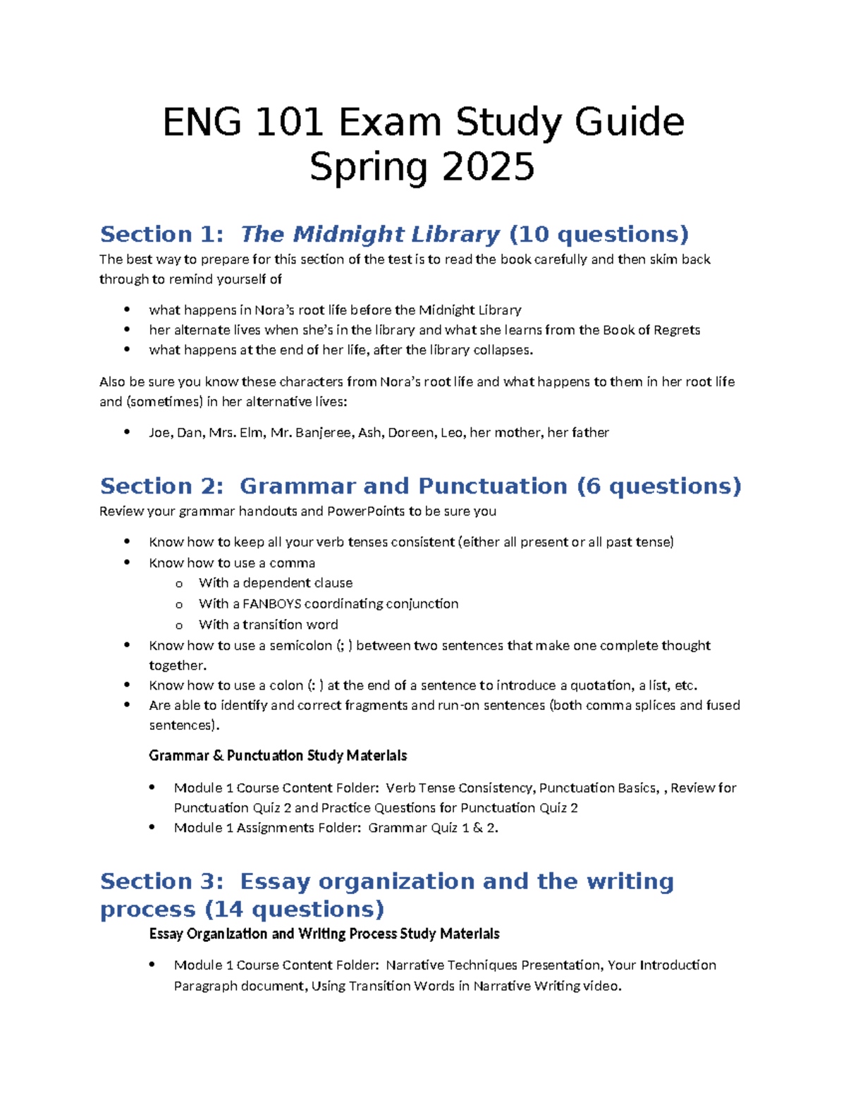 ENG 101 Final Exam Study Guide - Key Topics for Spring 2025 - Studocu
