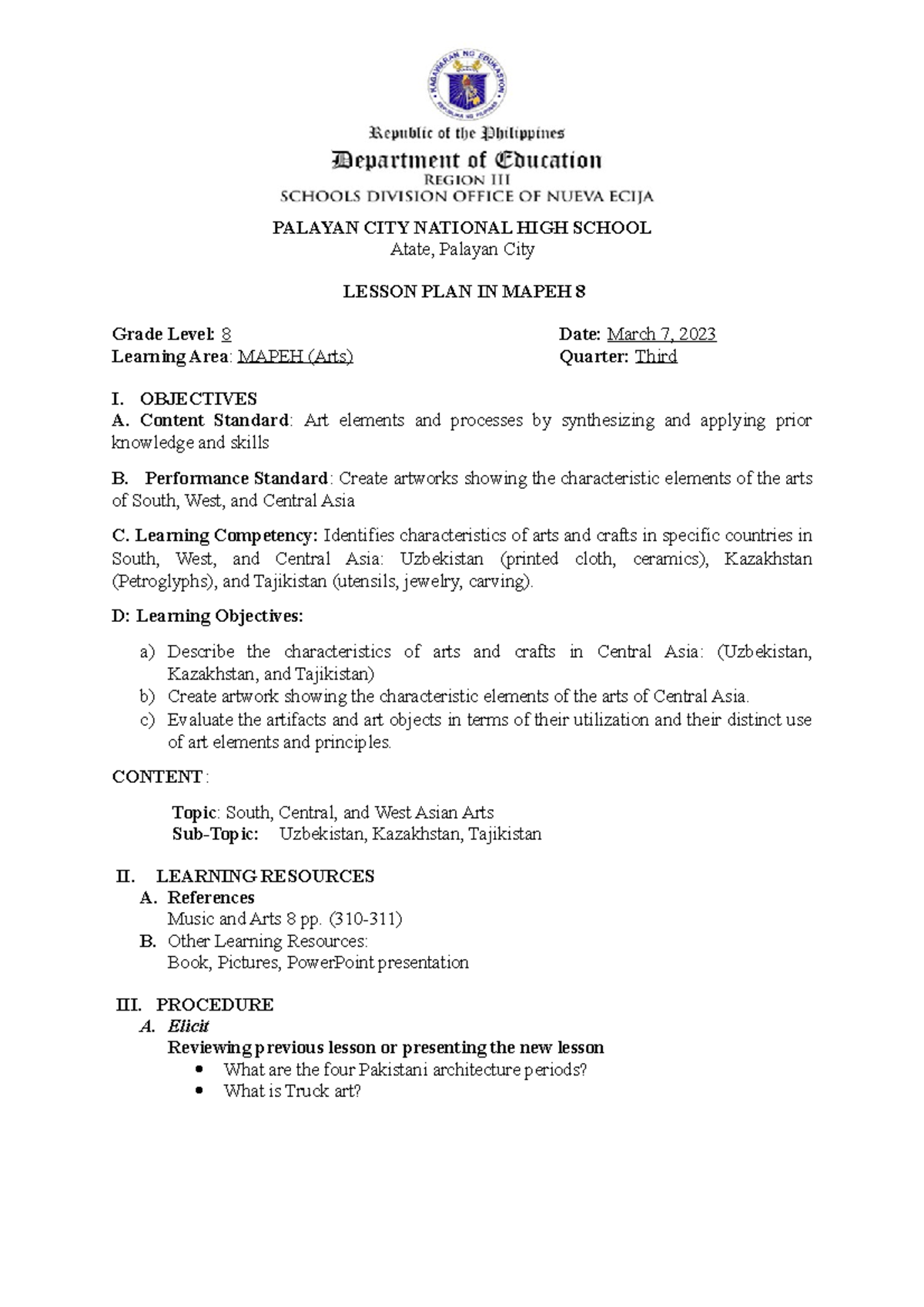 Grade 8 arts 3rd quarter lesson 4 - PALAYAN CITY NATIONAL HIGH SCHOOL ...