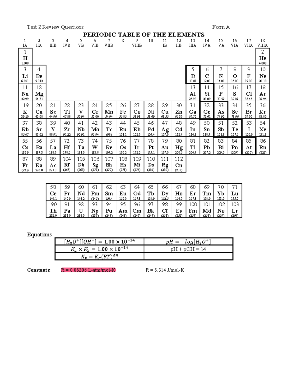 Test 2 Review Questions without Answers - PERIODIC TABLE OF THE ...