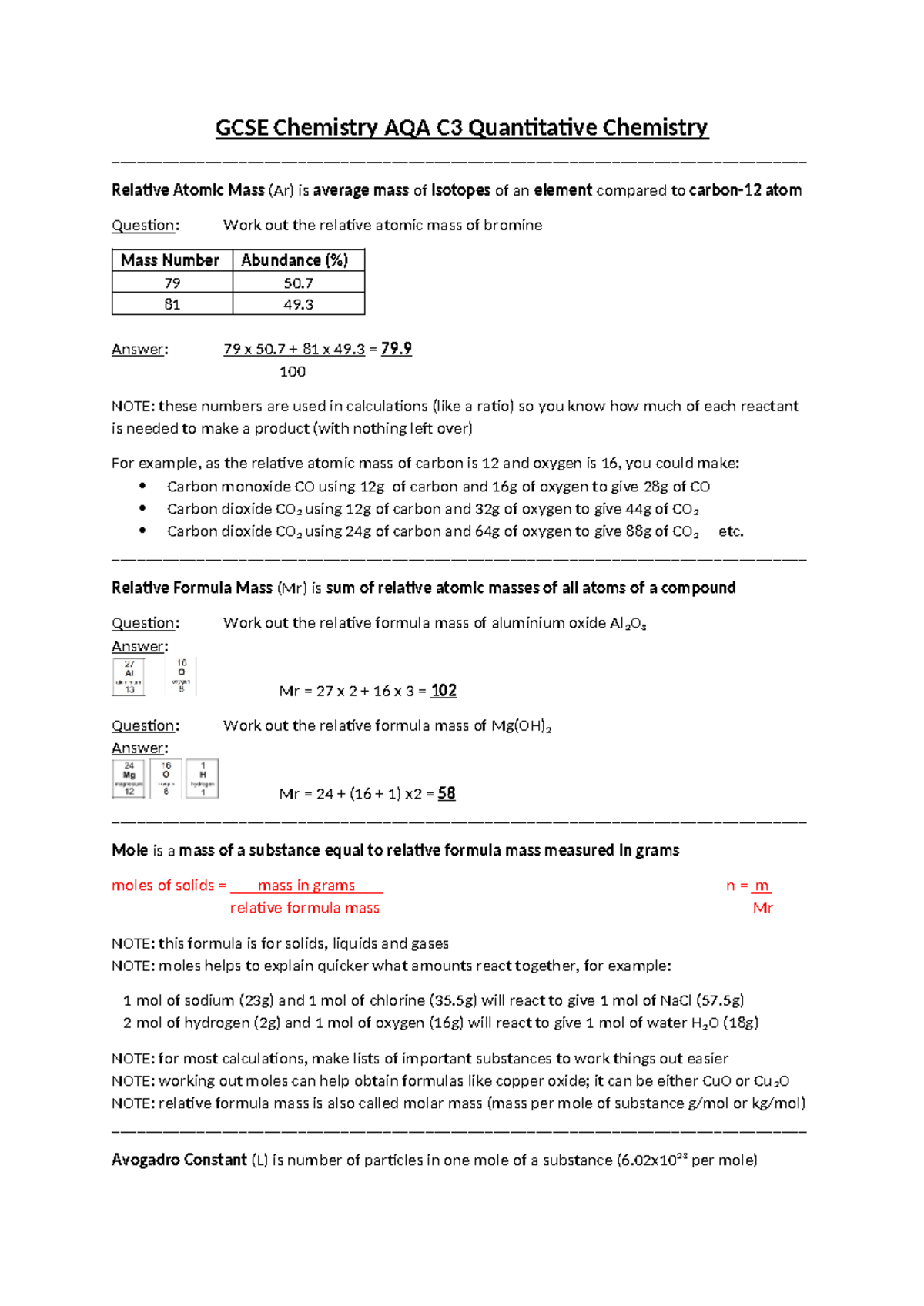 C3 GCSE Chemistry AQA Final Exam Notes on Quantitative Chemistry - Studocu