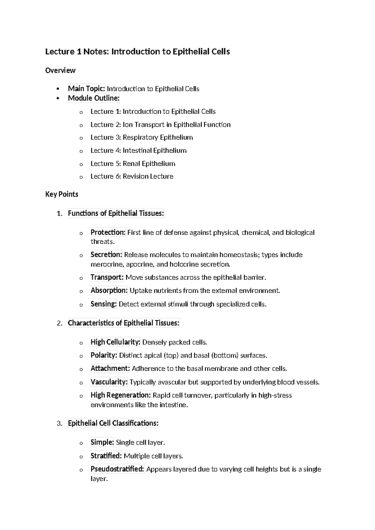 Lecture 1 Notes: Introduction to Epithelial Cells (BIO 101) - Studocu