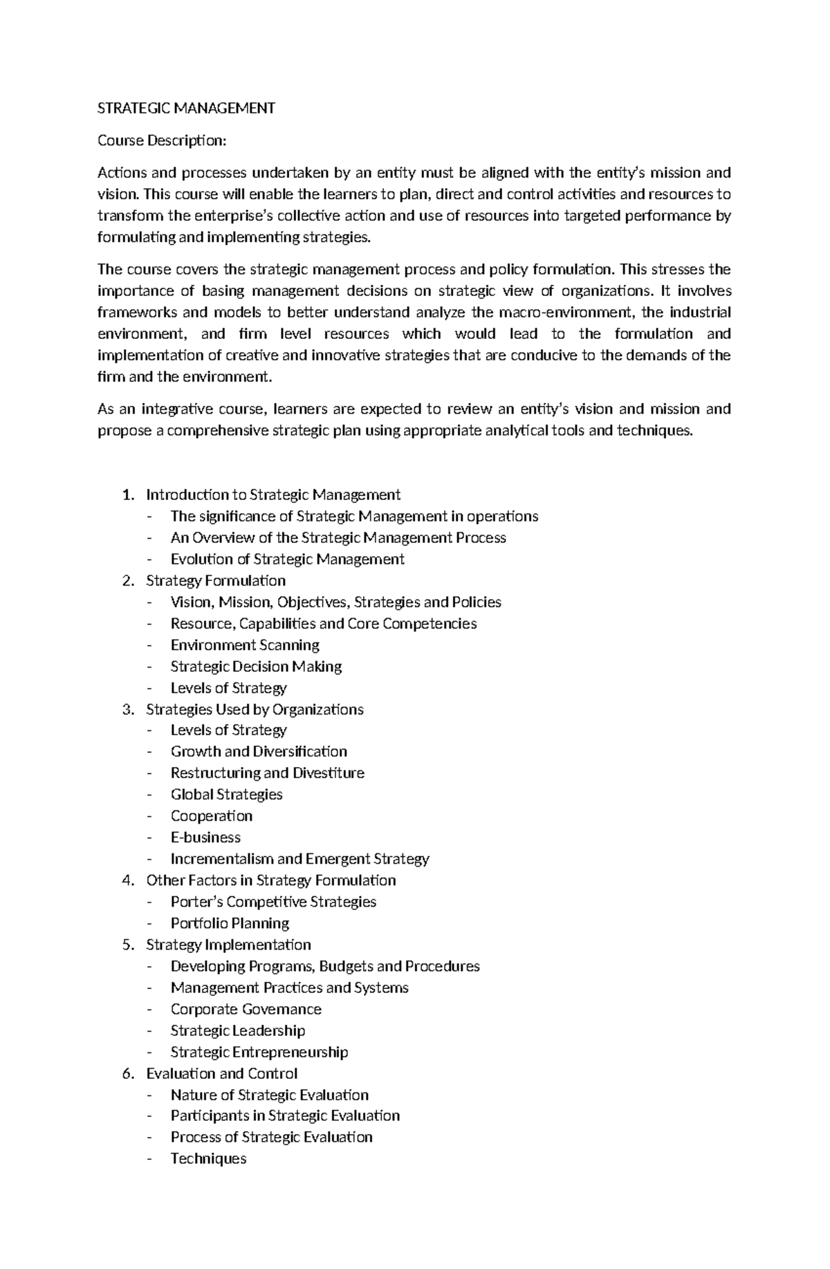 STRATEGIC MANAGEMENT (SM 101) Course Outline - 2025 - Studocu