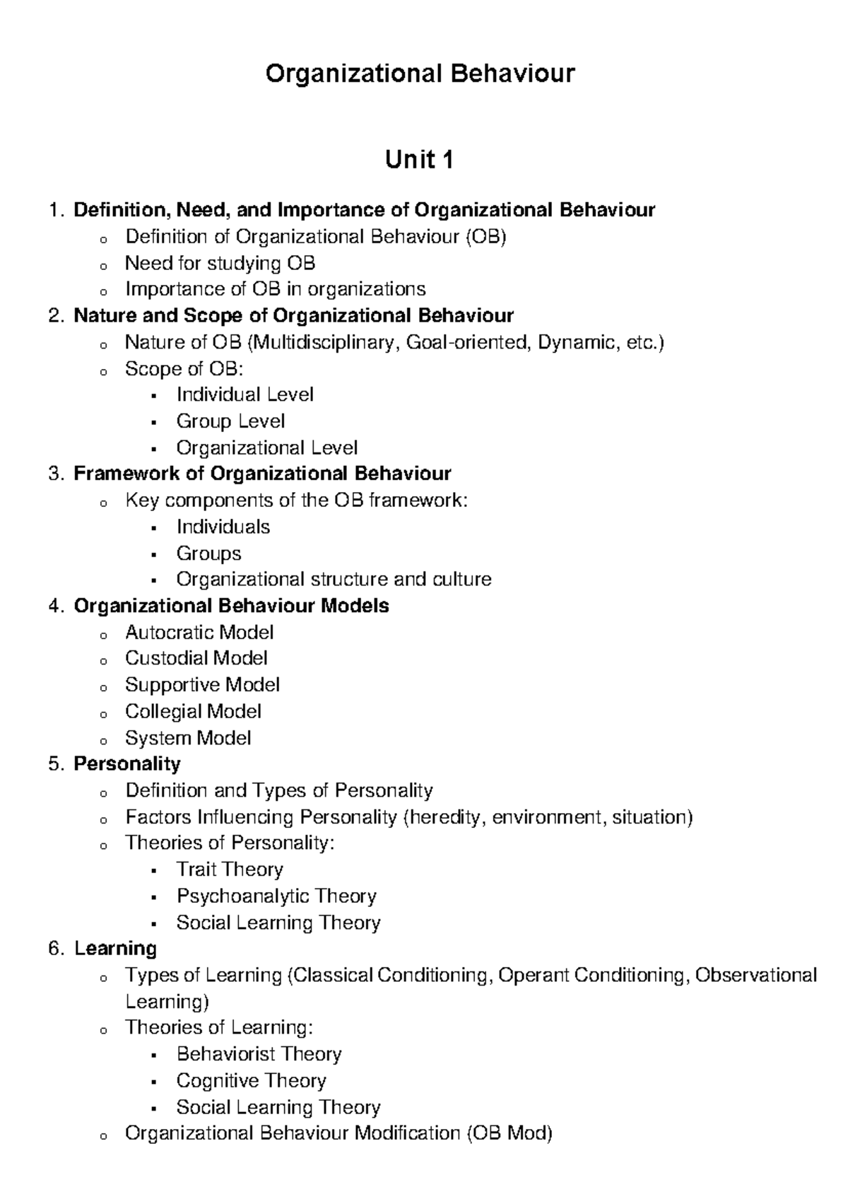 Organizational Behaviour - ) o Scope of OB: Individual Level Group ...
