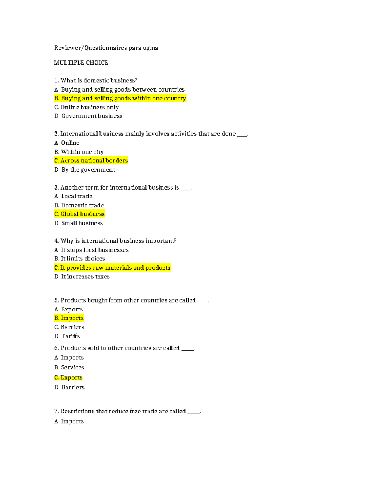 IBT Prelims: Multiple Choice Questions on International Business - Studocu