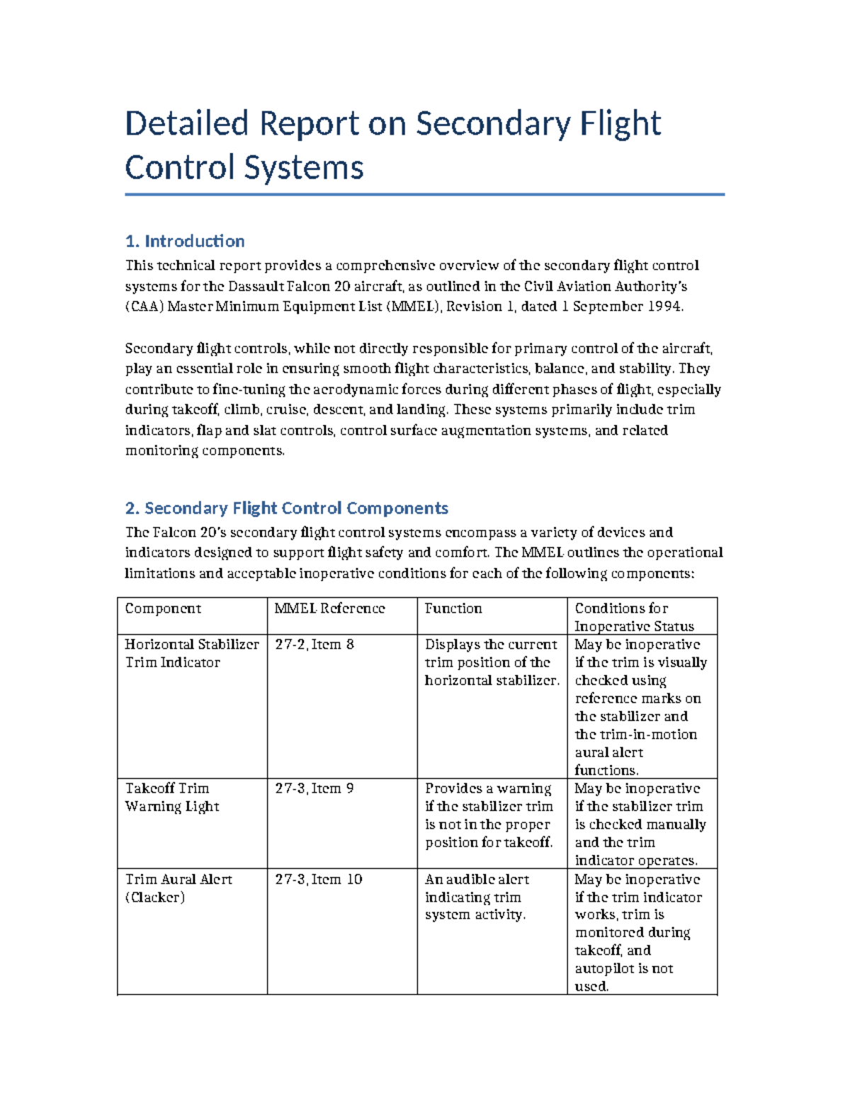 Falcon 20 Secondary Flight Control Systems Report: Overview & Safety ...