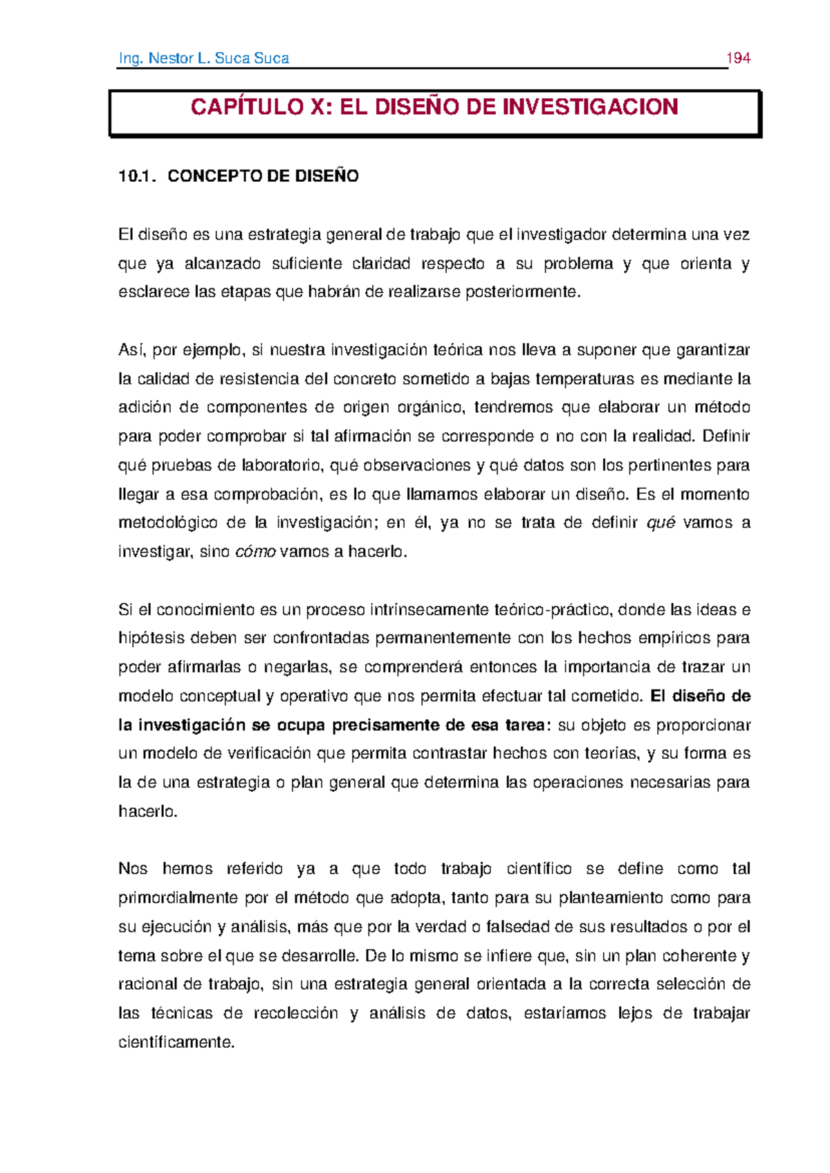 CAPÍTULO X: DISEÑO DE INVESTIGACIÓN - Ing. Nestor L. Suca Suca - Studocu