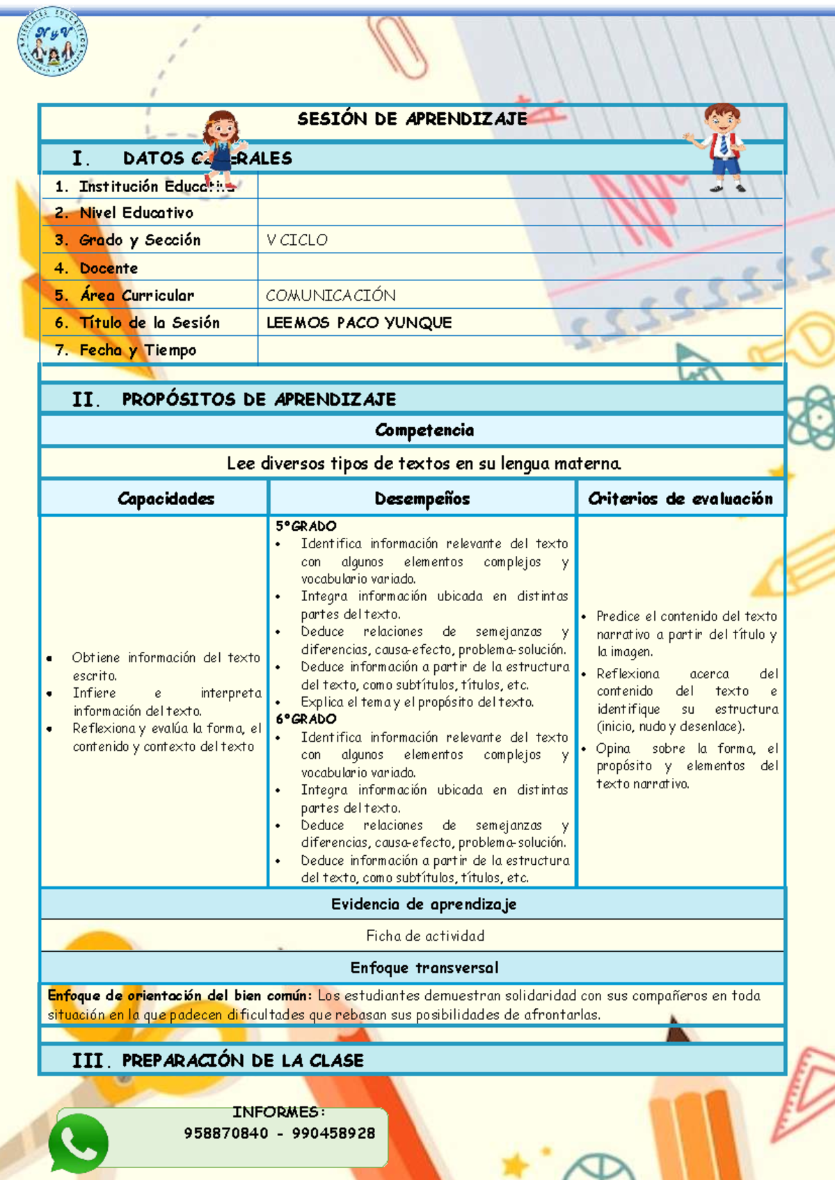 V CICLO - PL - Leemos PACO YUNQUE: Sesión de Aprendizaje - Studocu