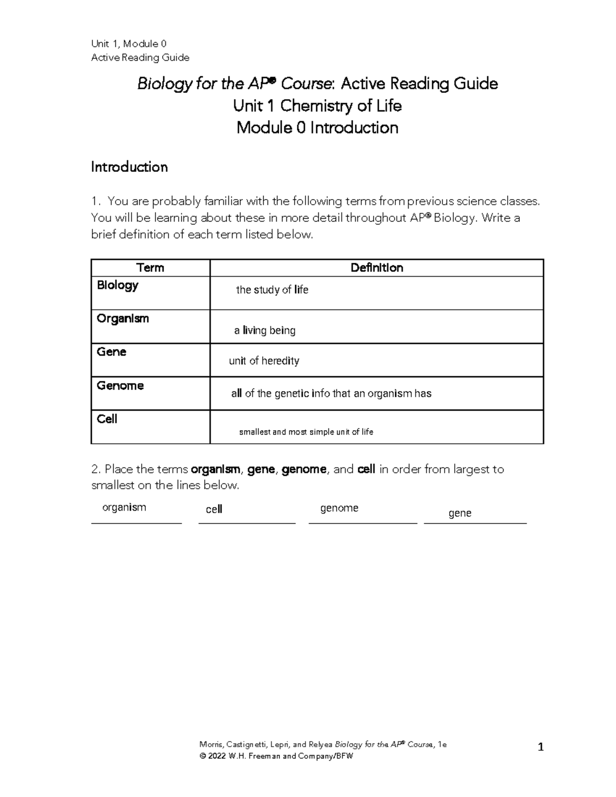 AP Biology Unit 1, Module 0 Active Reading Guide - Studocu