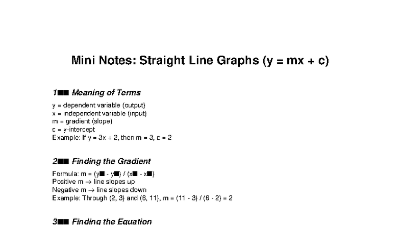 Straight Line Graphs Notes: Understanding y = mx + c - Studocu