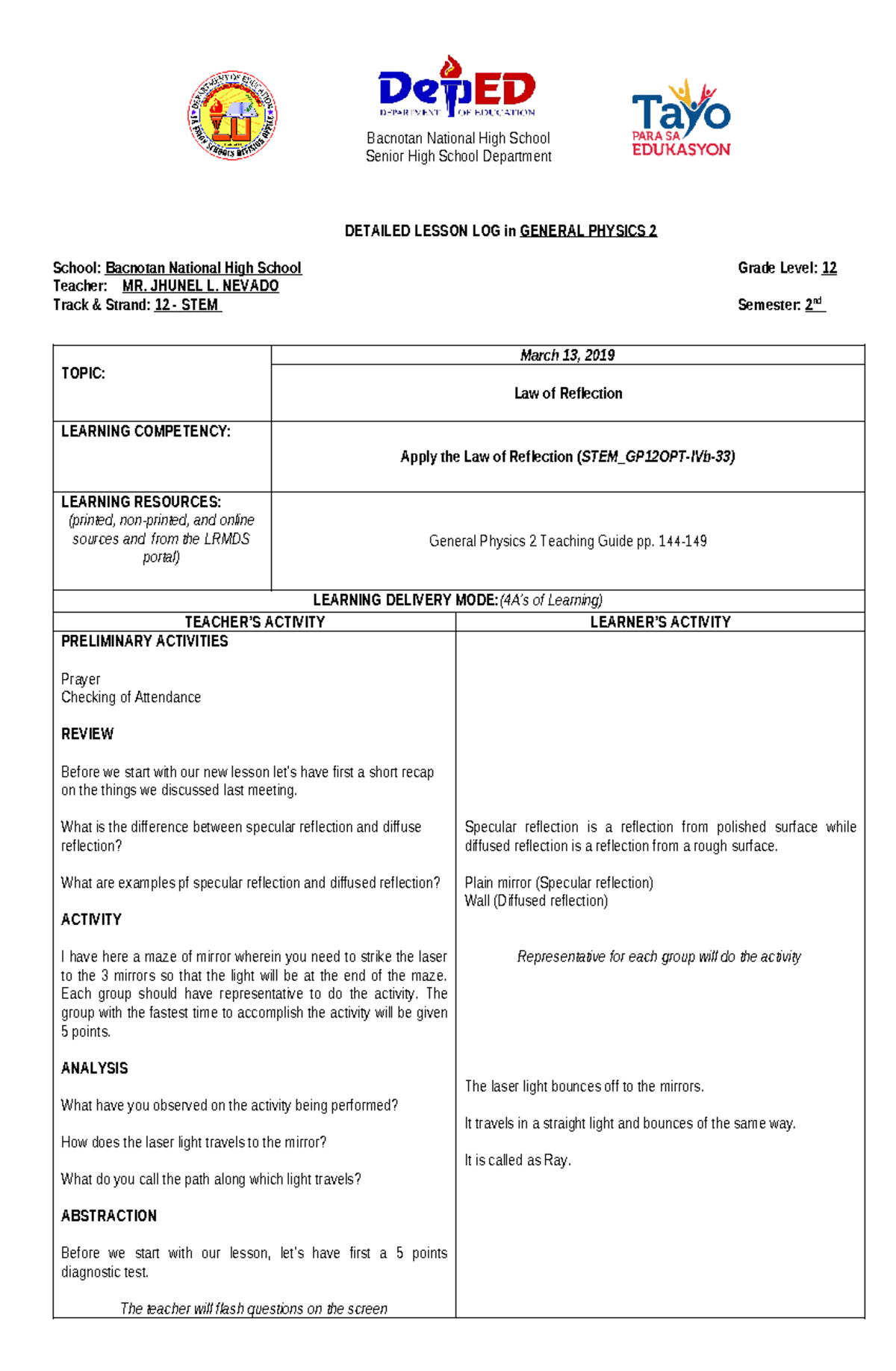 COT 4 - Detailed Lesson Plan on Law of Reflection in Gen Physics 2 ...