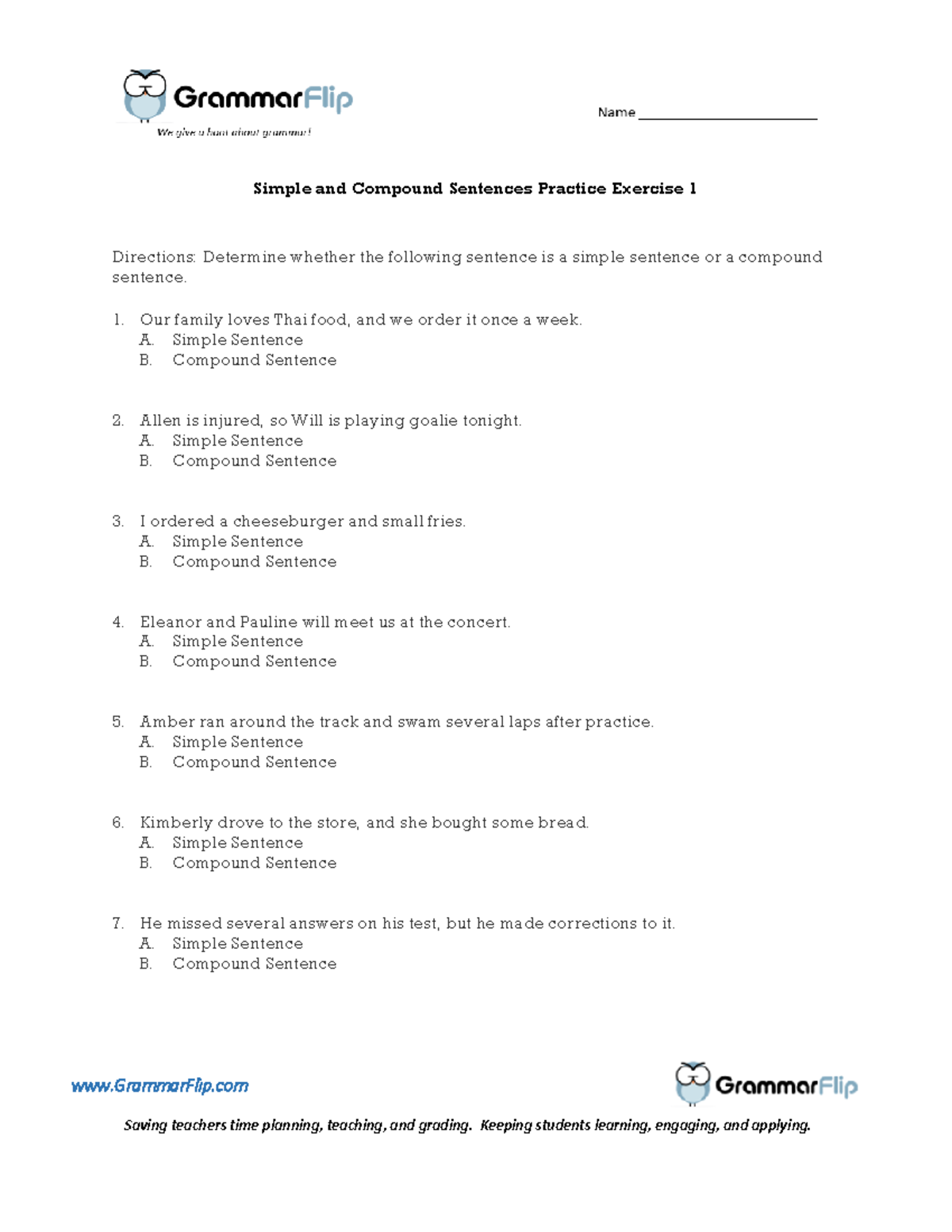 Simple and Compound Sentences - Grammar Worksheet - PE1 - Studocu