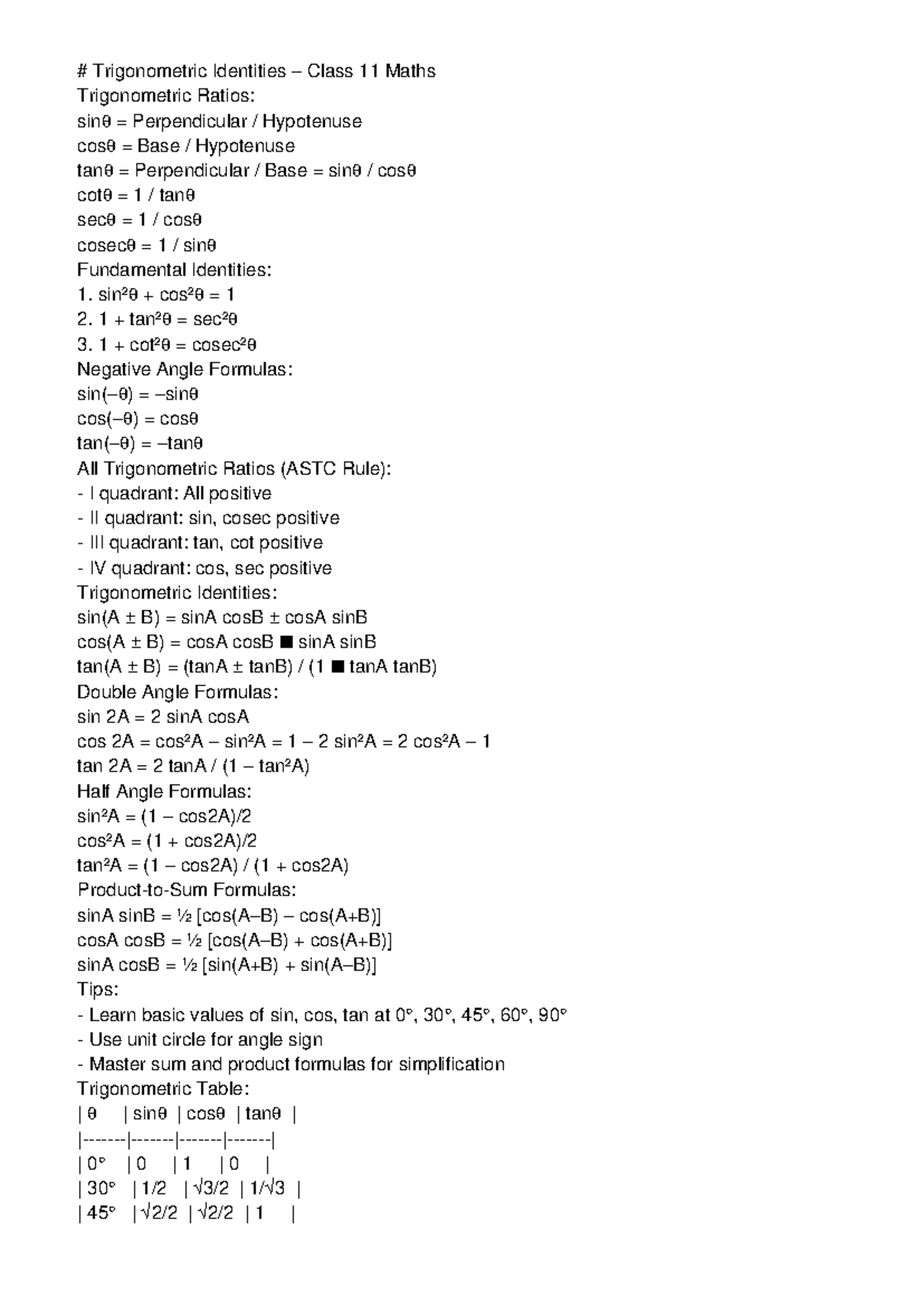 Trigonometric Identities Notes – Class 11 Maths - Studocu