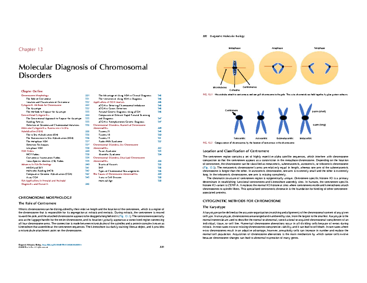 332 Diagnostic Molecular Biology Chapter 13: Chromosomal Disorders and ...